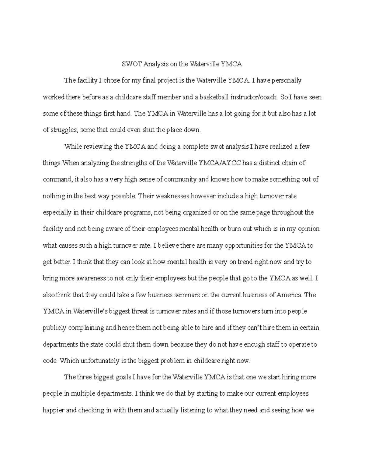 Swot - essay that is required - SWOT Analysis on the Waterville YMCA ...