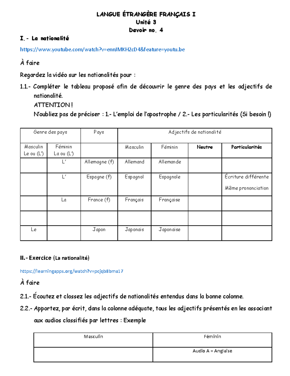 Devoir nº 4 - Unité 3 - Para principiantes - LANGUE ÉTRANGÈRE FRANÇAIS ...