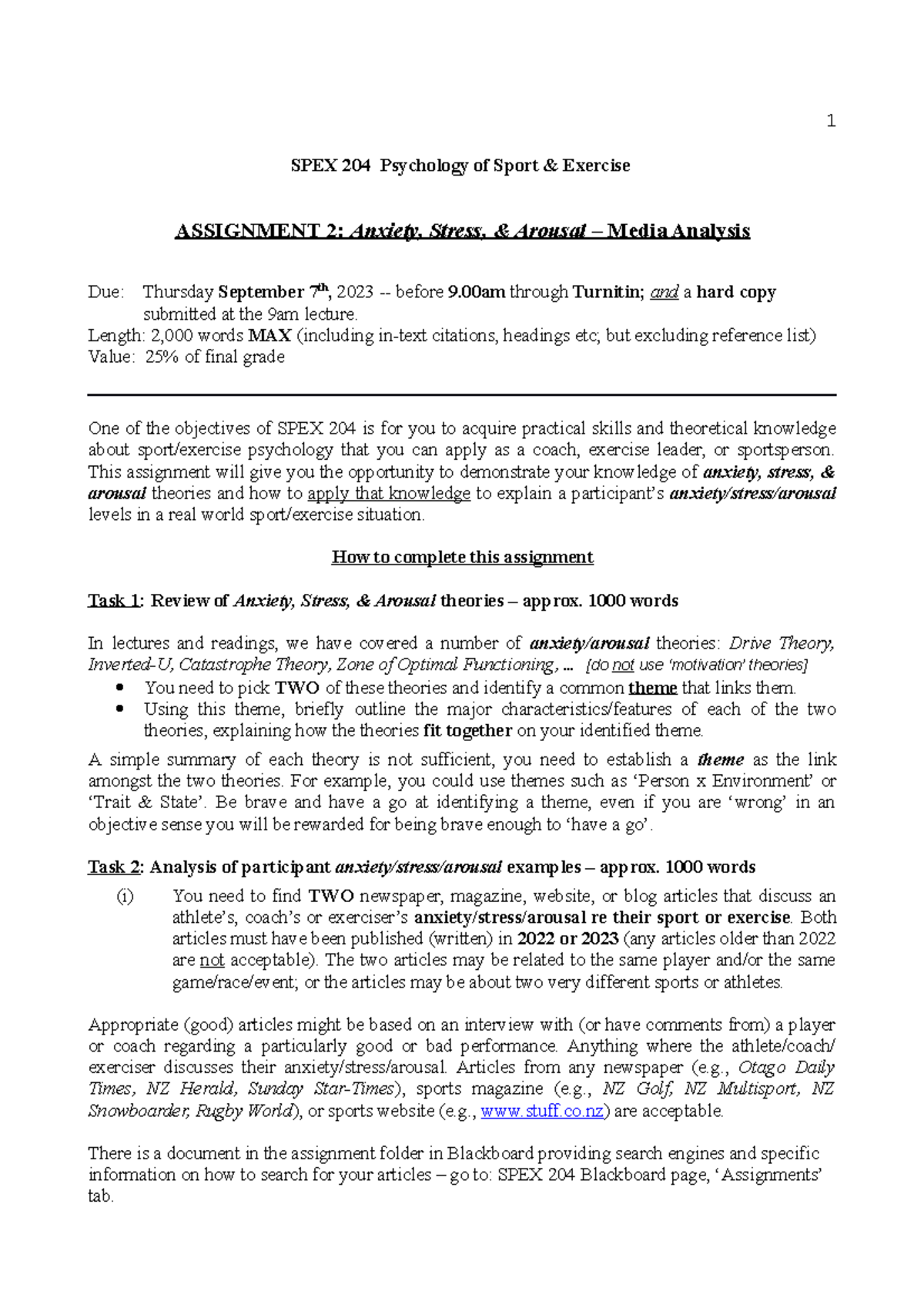 SPEX 204 Assignment 2 - 2023 - 1 SPEX 204 Psychology of Sport & Exercise ASSIGNMENT 2: Anxiety ...