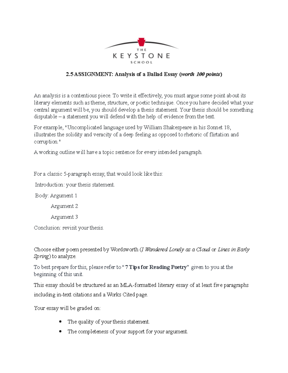 2-5 Assignment Analysis of a Ballad Essay - 2 ASSIGNMENT: Analysis of a Ballad Essay (worth 100 ...