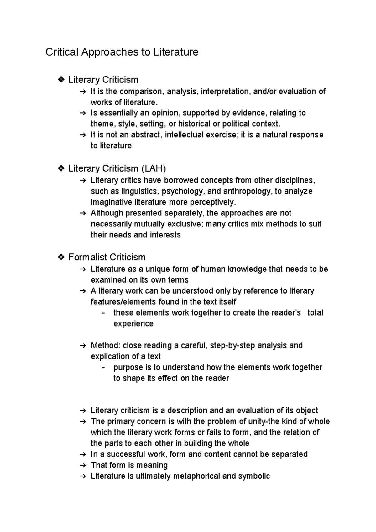 Study Guide (EH) - Critical Approaches to Literature Literary Criticism ...