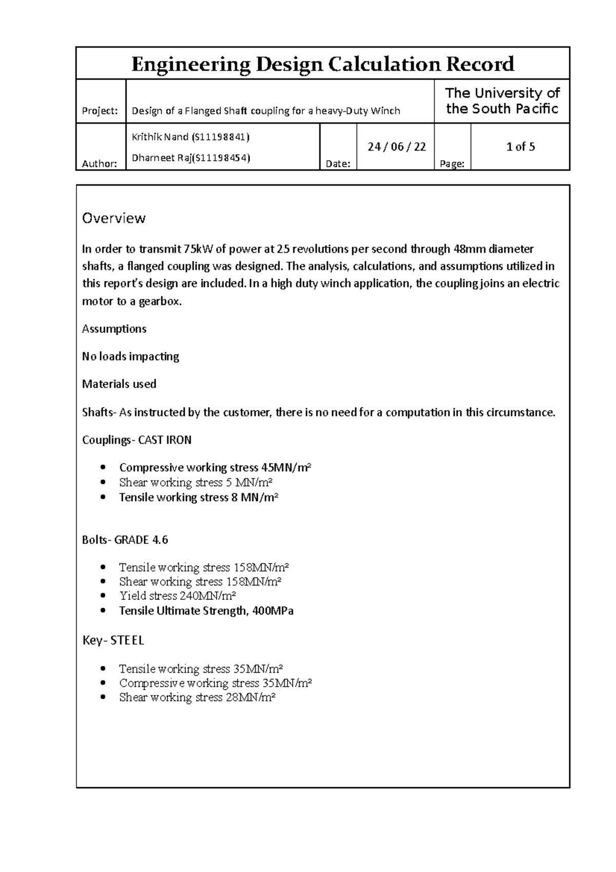 Claculation sheet mm101 2022 - Engineering Design Calculation Record ...