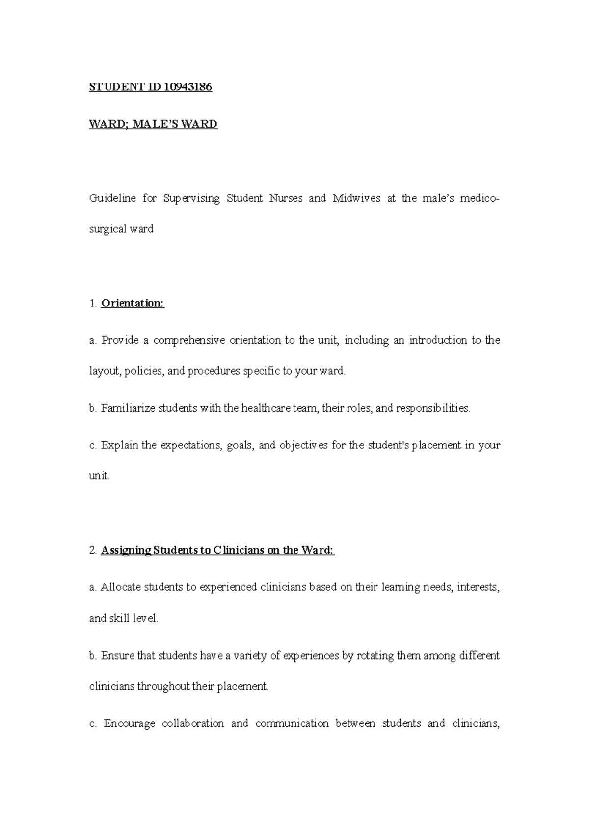 Assignment - try - STUDENT ID 10943186 WARD; MALE’S WARD Guideline for ...