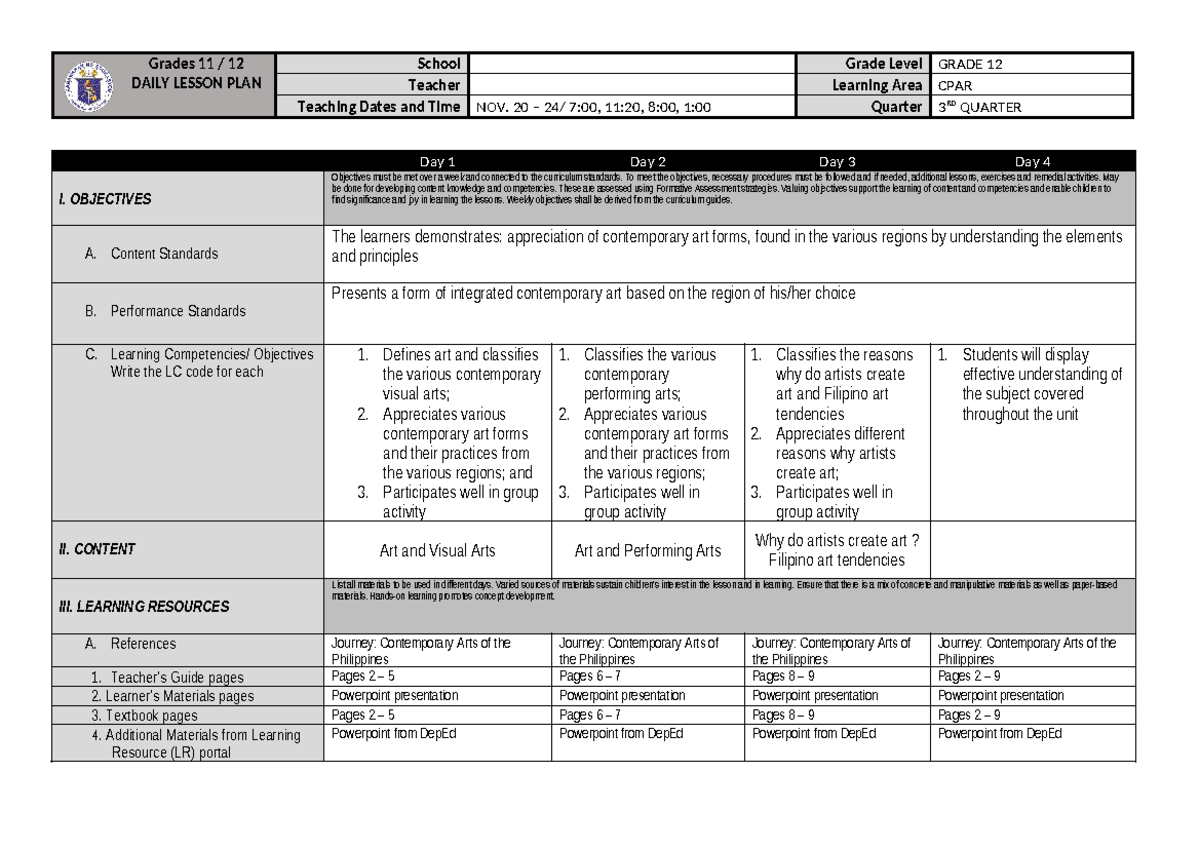 DLL Contempo-Arts WEEK 1 ONLY - Grades 11 / 12 DAILY LESSON PLAN School ...