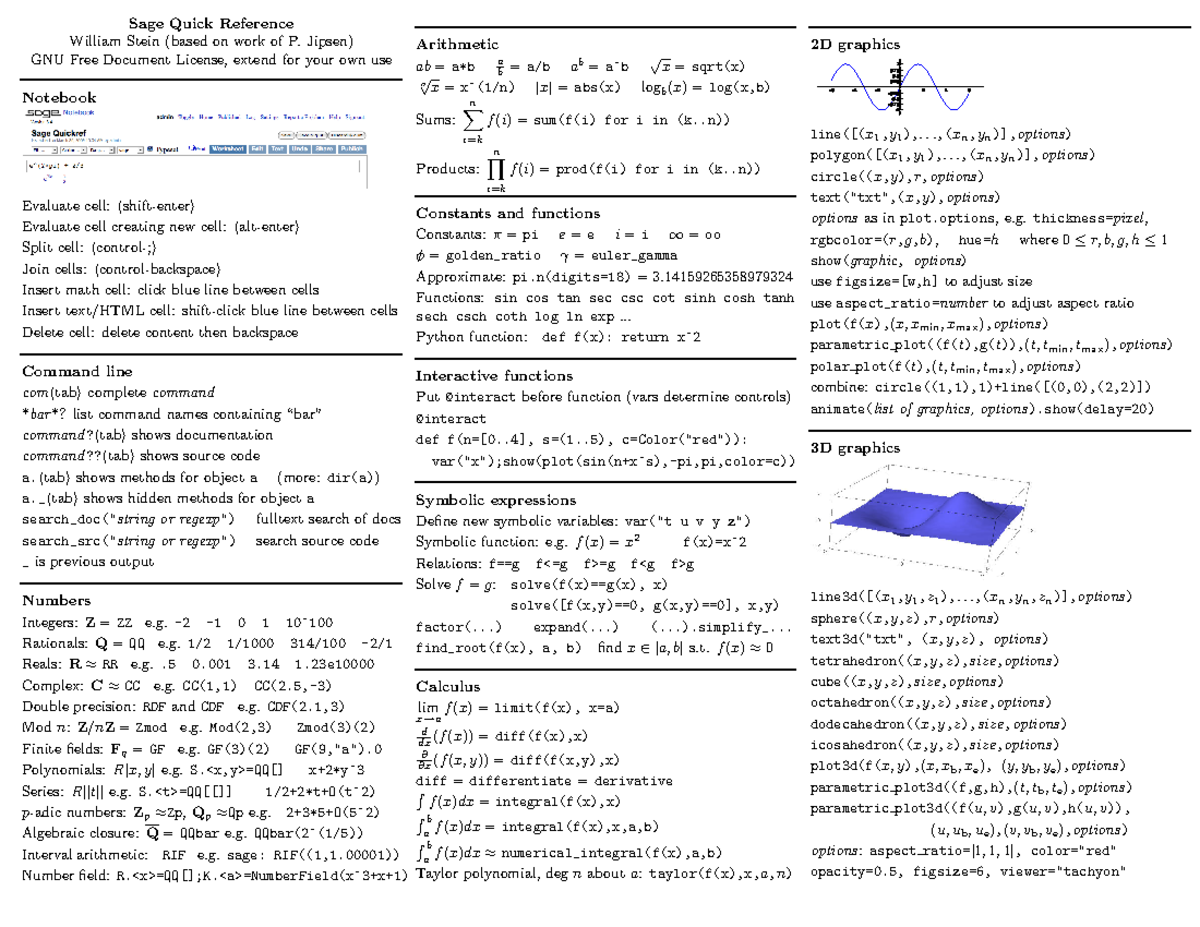Quickref - Sage Quick Reference William Stein (based on work of P ...