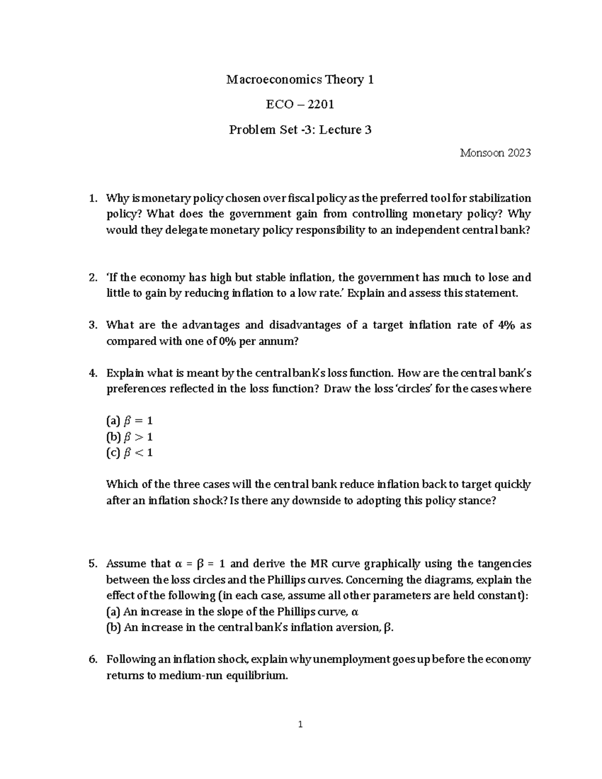 Problem Set Lecture Note 3 - 1 Macroeconomics Theory 1 ECO – 2201 Problem Set -3: Lecture 3 ...