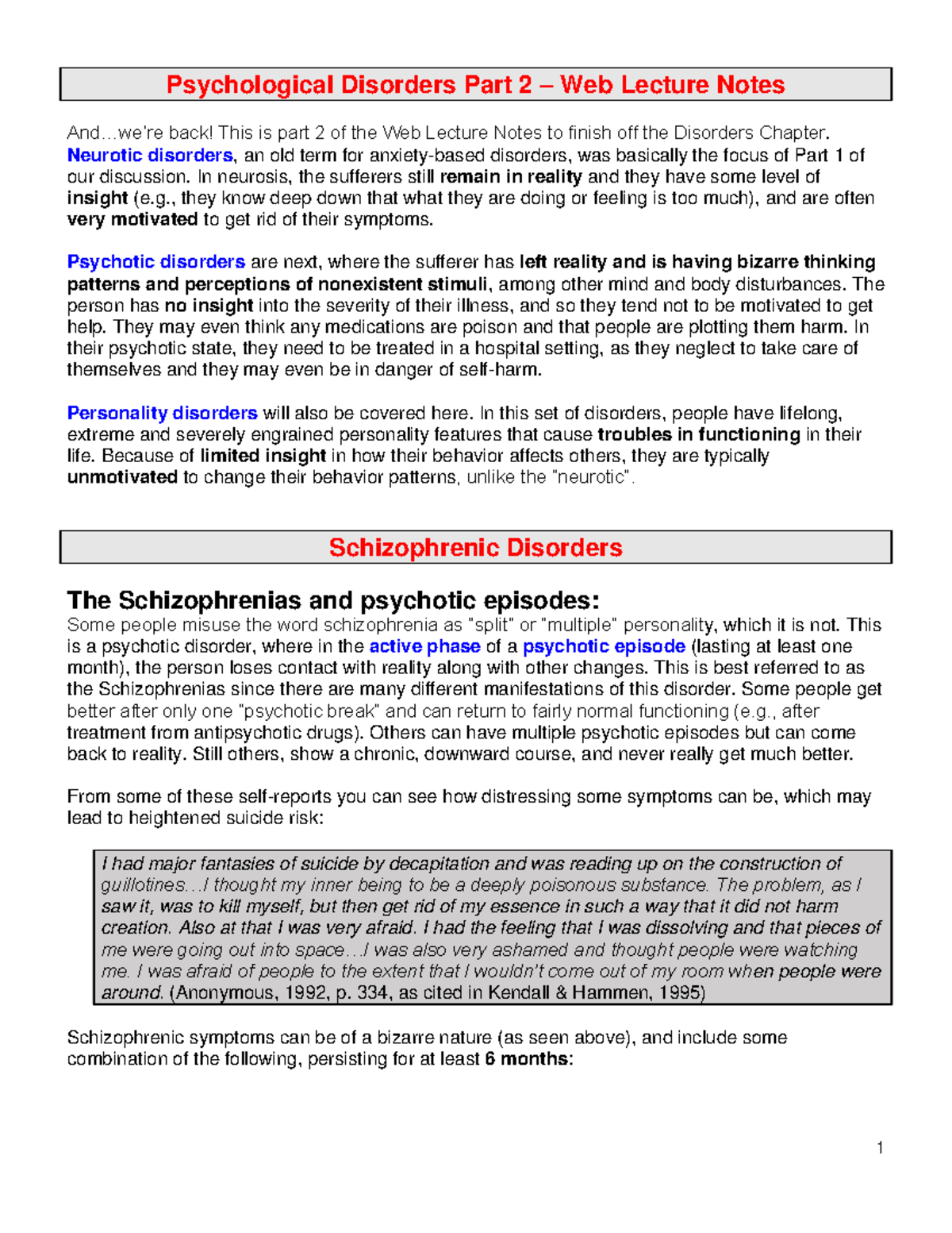 Disorders Part 2 Web Lecture Notes - Psychological Disorders Part 2 ...