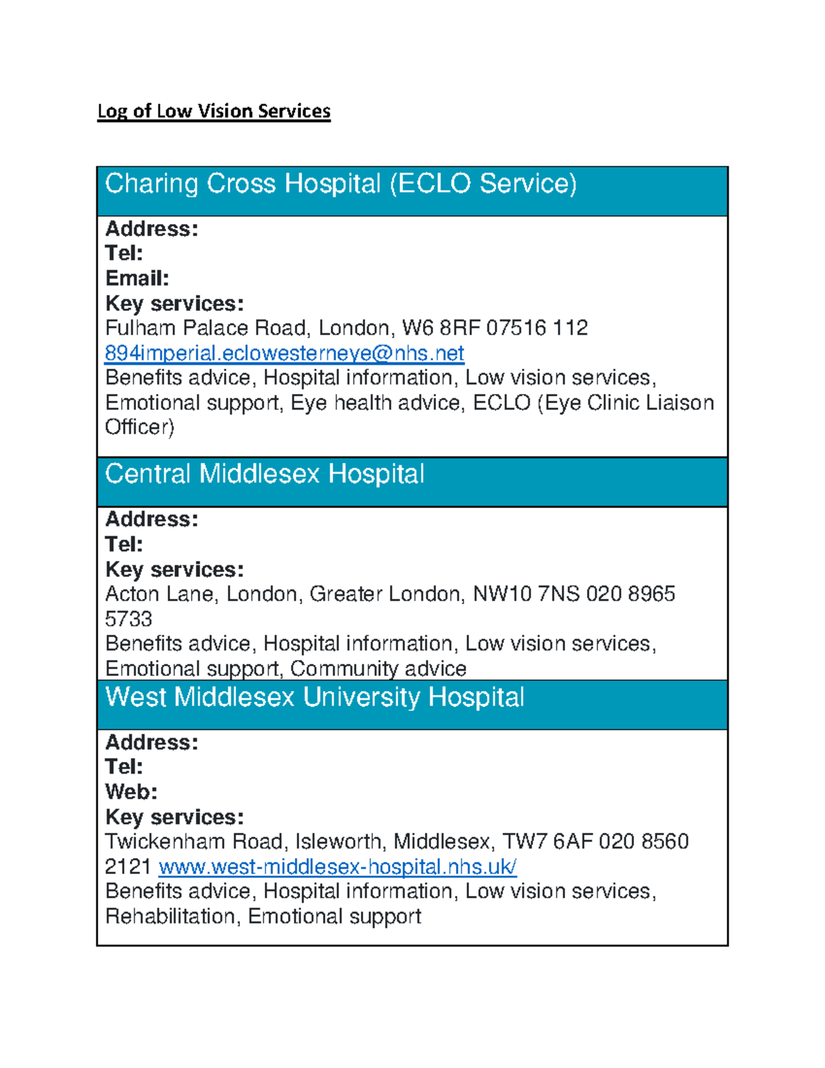 Log of LV - Log of Low Vision Services Charing Cross Hospital (ECLO ...