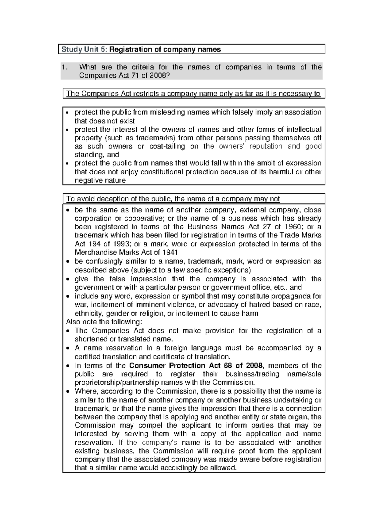 FBE Registration OF Company Names - Study Unit 5 : Registration of ...