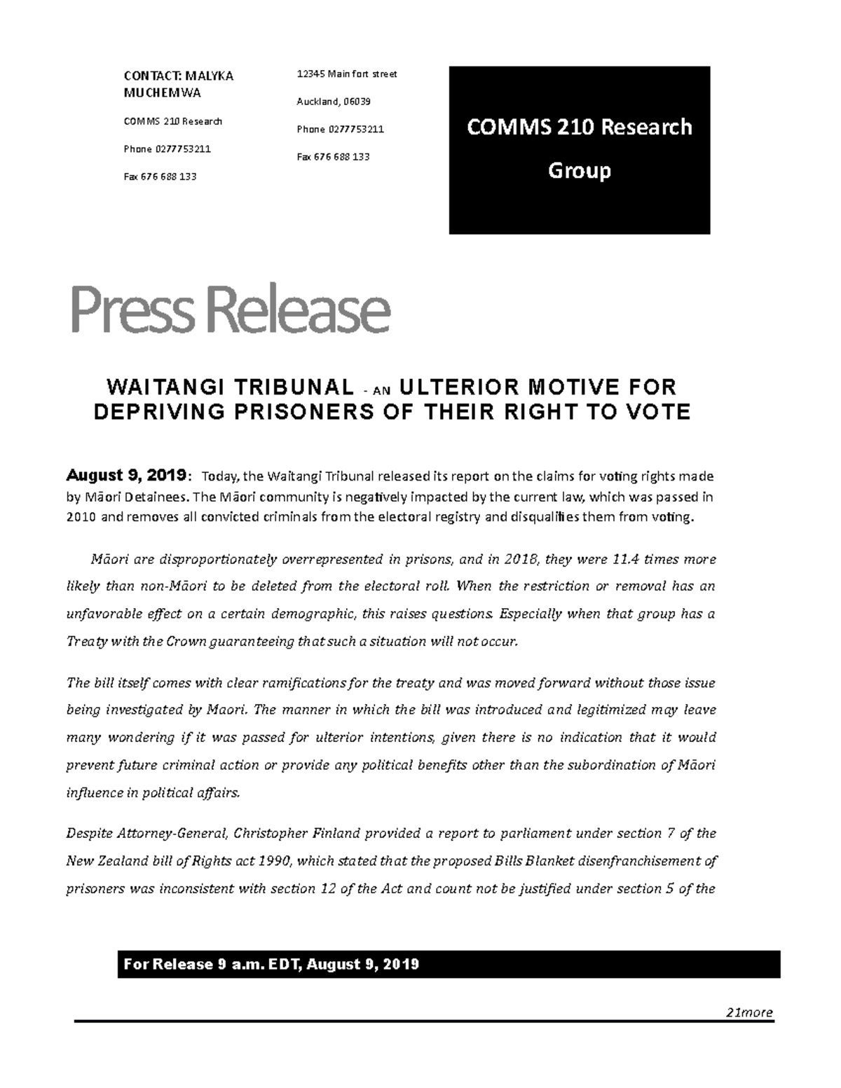 Press-release comms 210 - CONTACT: MALYKA MUCHEMWA COMMS 210 Research ...