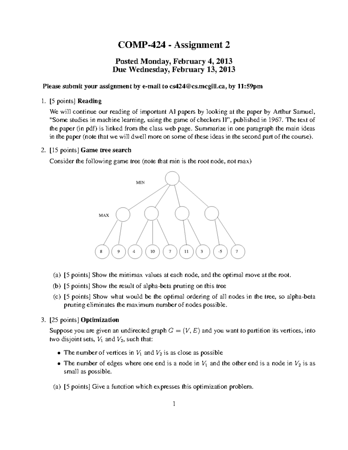 Ai Hw2 Assignment Comp 424 Assignment 2 Posted Monday February 4 2013 Due Wednesday 