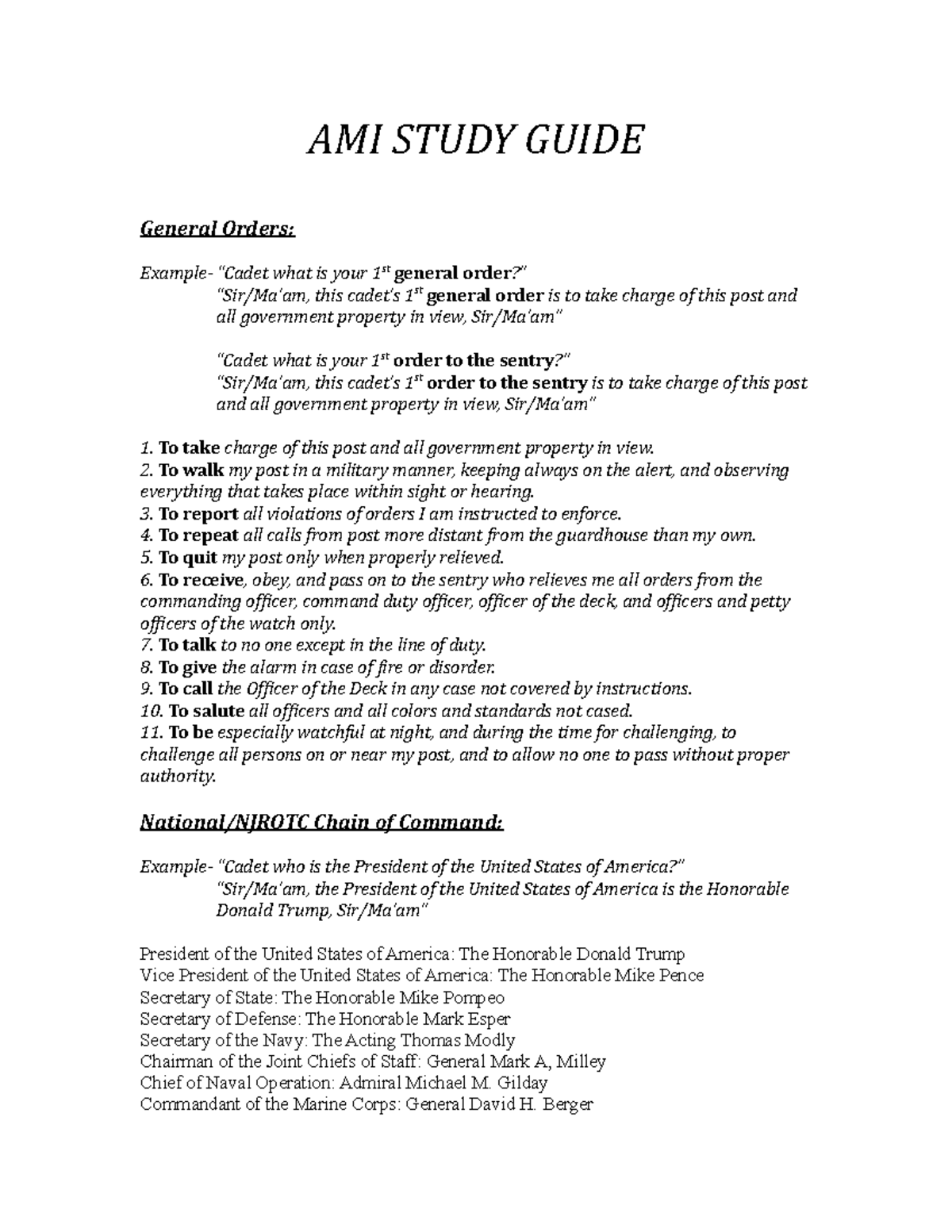 AMI Study Guide - Hhh - AMI STUDY GUIDE General Orders: Example- “Cadet ...