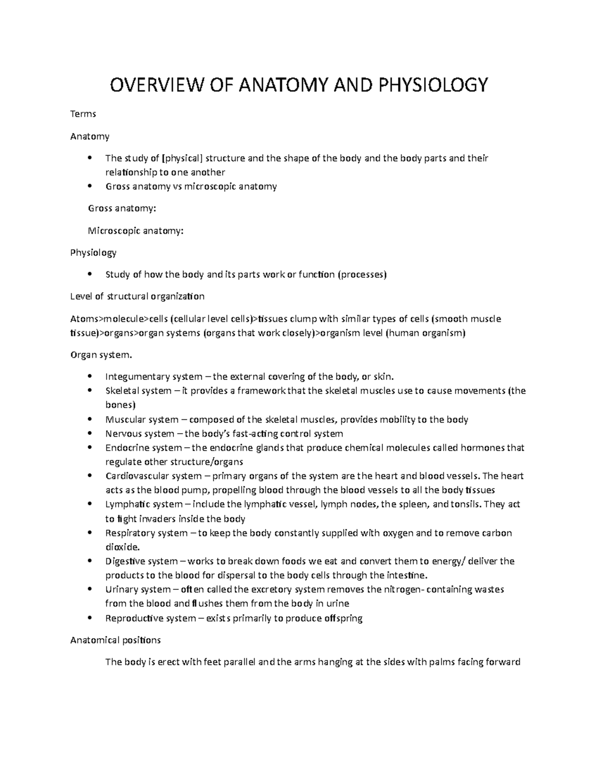Anatomy AND Physiology 1 - OVERVIEW OF ANATOMY AND PHYSIOLOGY Terms ...