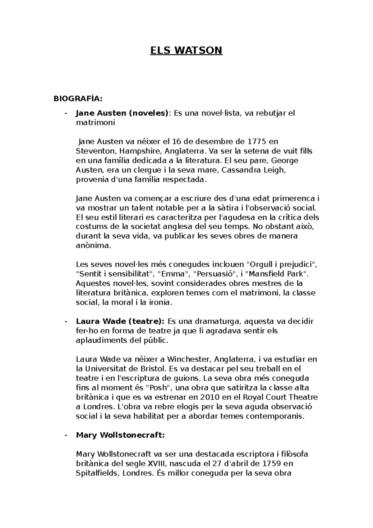 Treball els Watson - sksncj - ELS WATSON BIOGRAFÍA: Jane Austen (noveles): Es una novel·lista ...