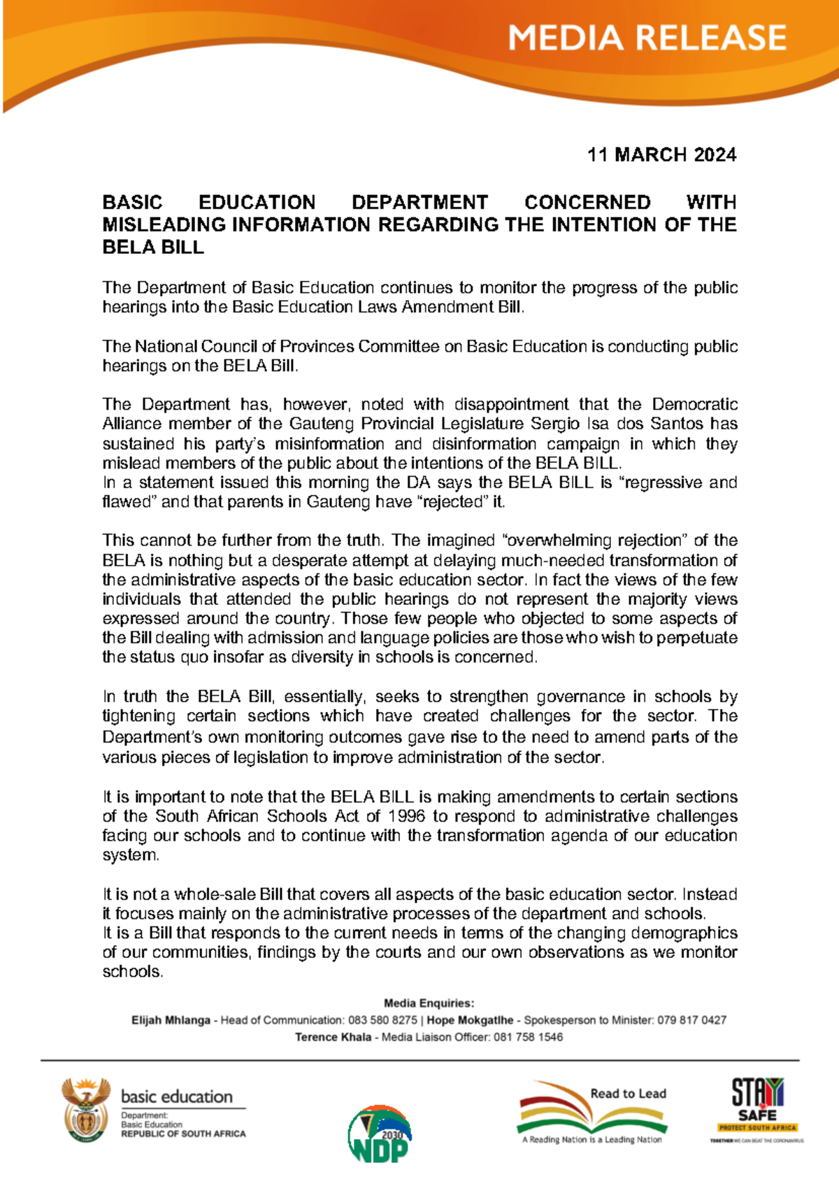 Misleading Information About BELA BILL A Major Concern - 11 MARCH 2024 BASIC EDUCATION ...