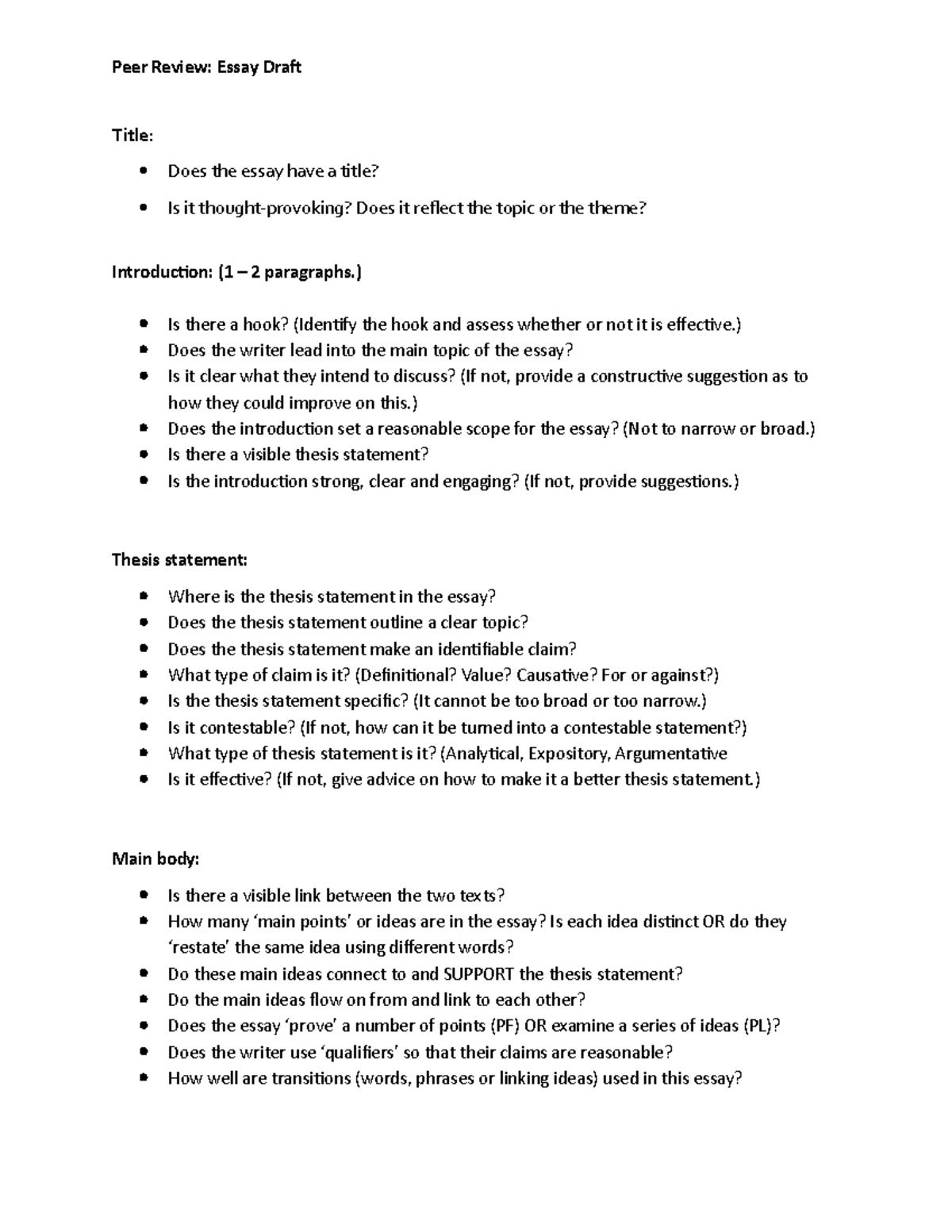 Detailed Peer Review - S1-20 - Peer Review: Essay Draf Title: Does the ...
