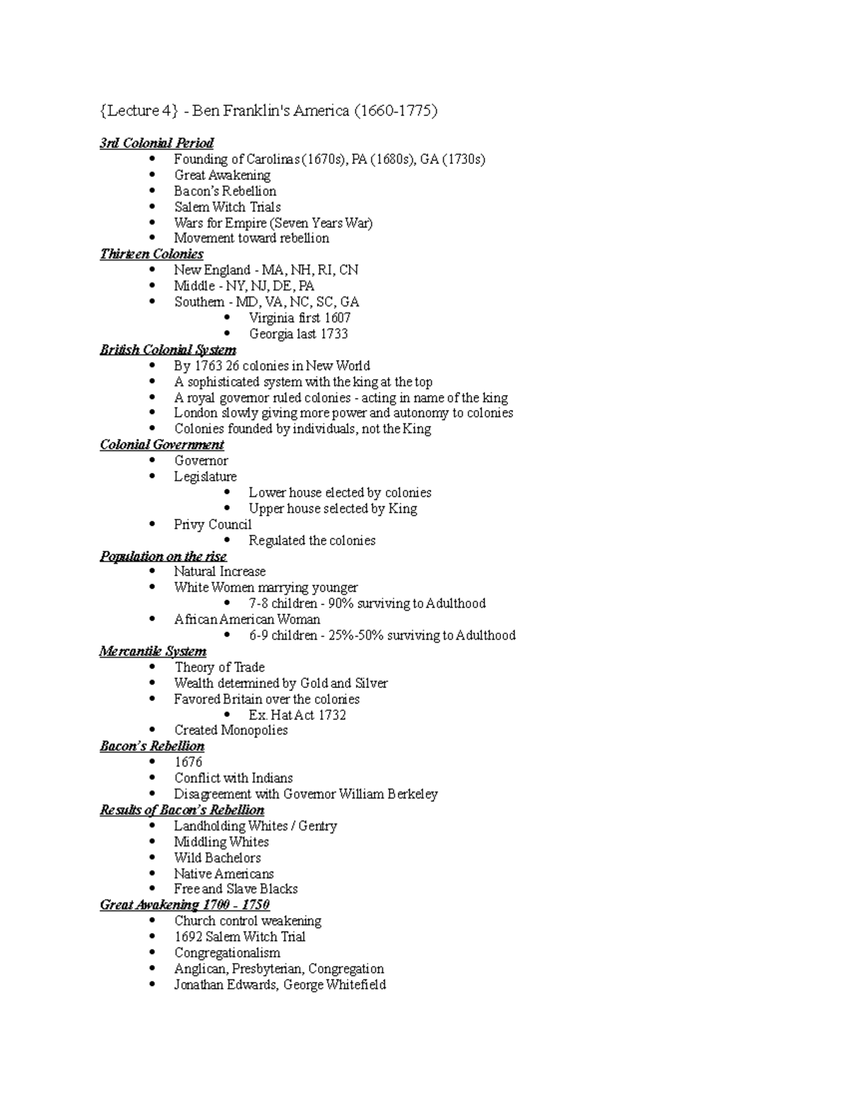 Lecture 4 Notes - HIST 2300 - {Lecture 4} - Ben Franklin's America ...