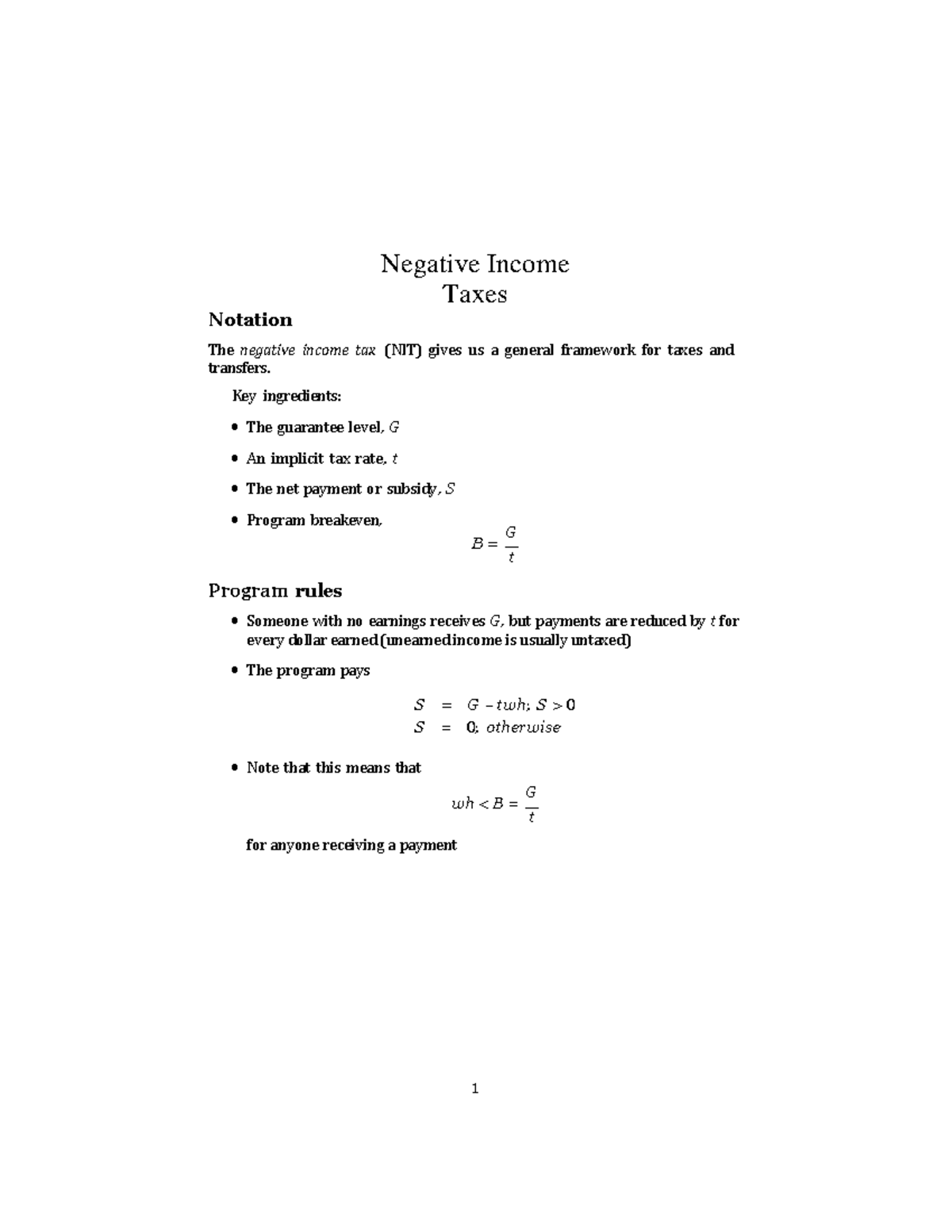 Negative Income Taxes - 1 Negative Income Taxes Notation The negative ...