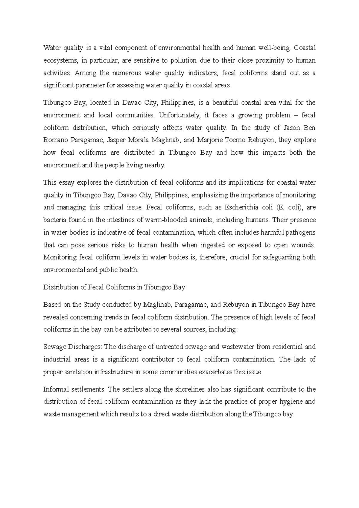 Water quality is a vital component of environmental health and human ...