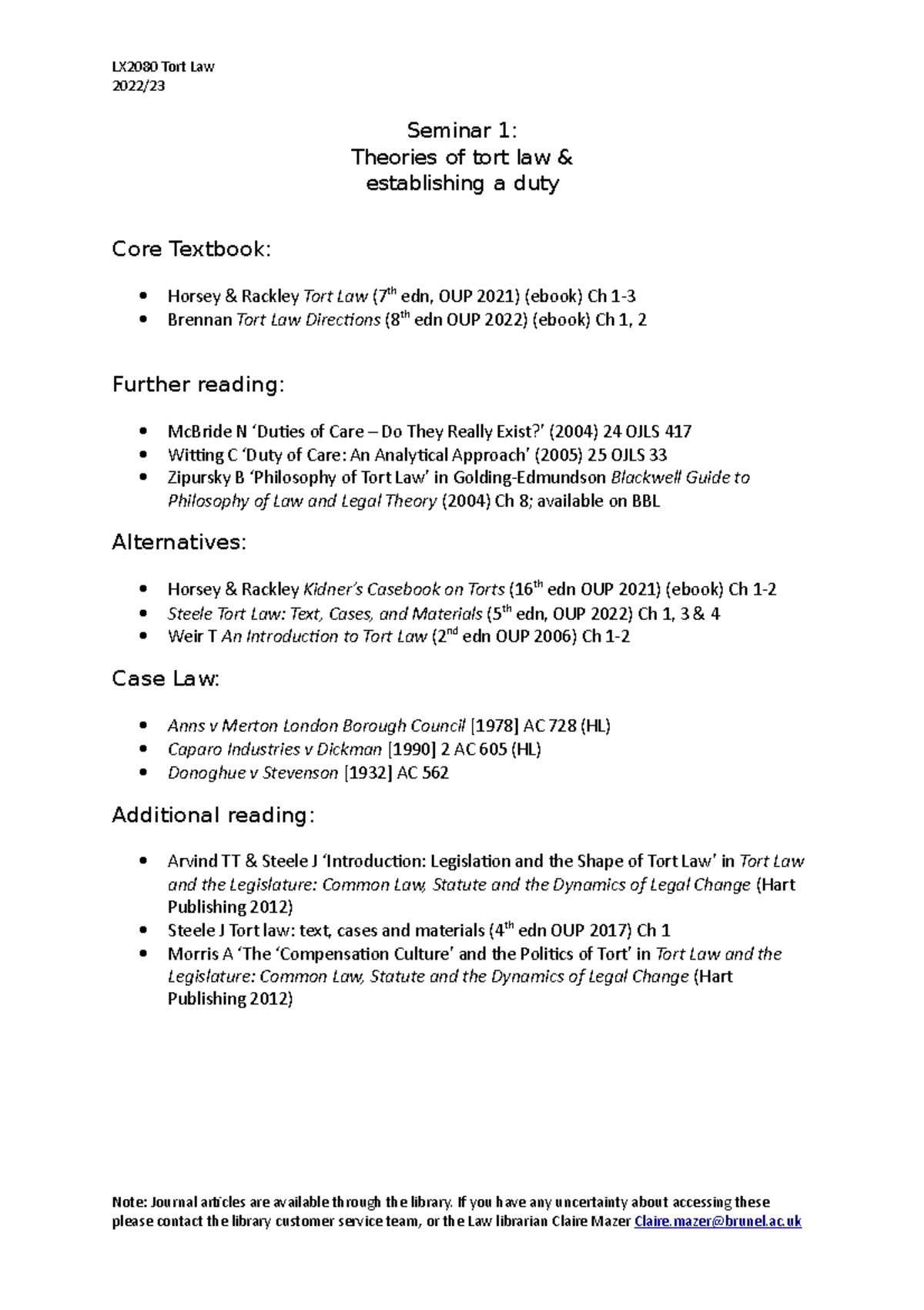 Seminar 1 - notes and answers - LX2080 Tort Law 2022/ Note: Journal ...