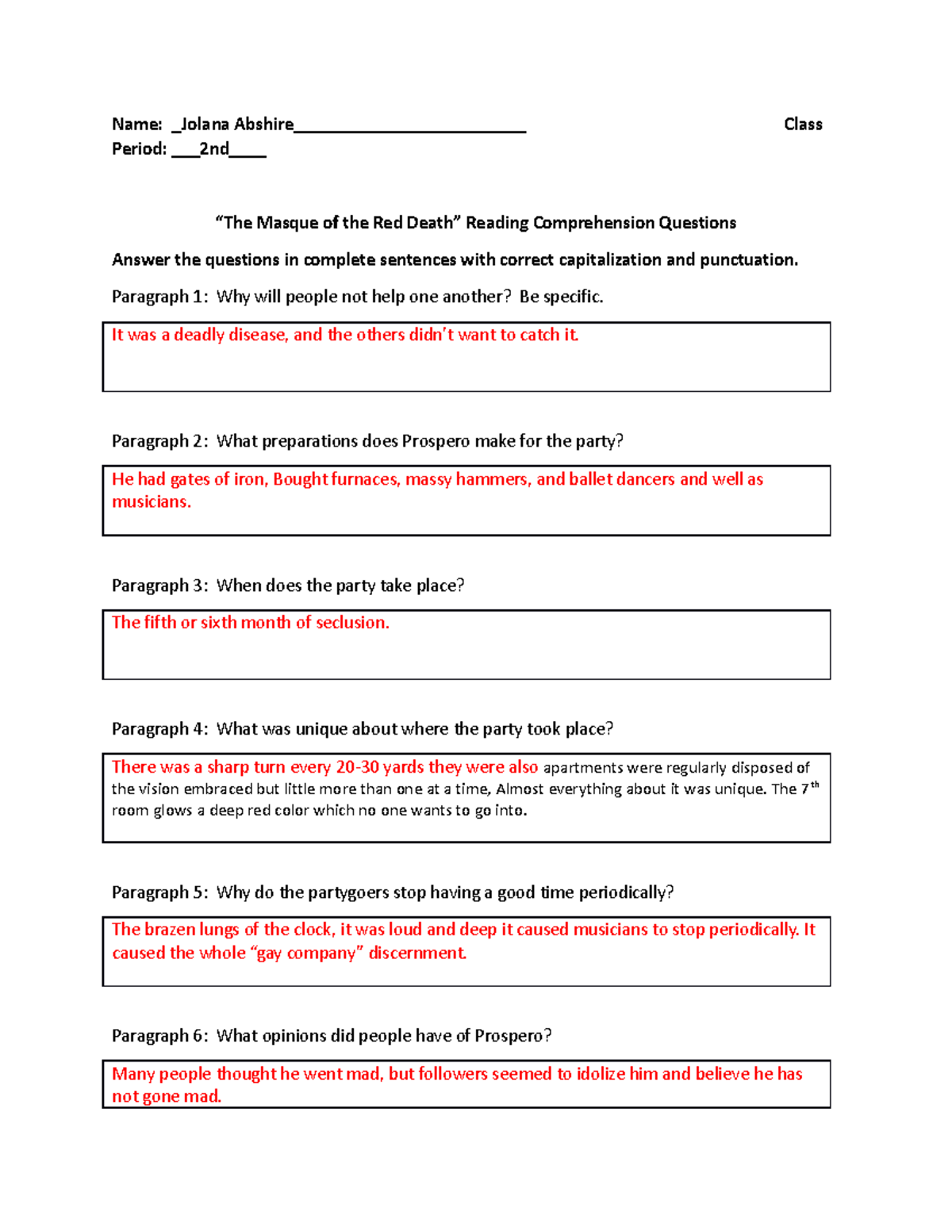 - The Masque of the Red Death Comprehnsion Question - ENGW 103 - Howard ...