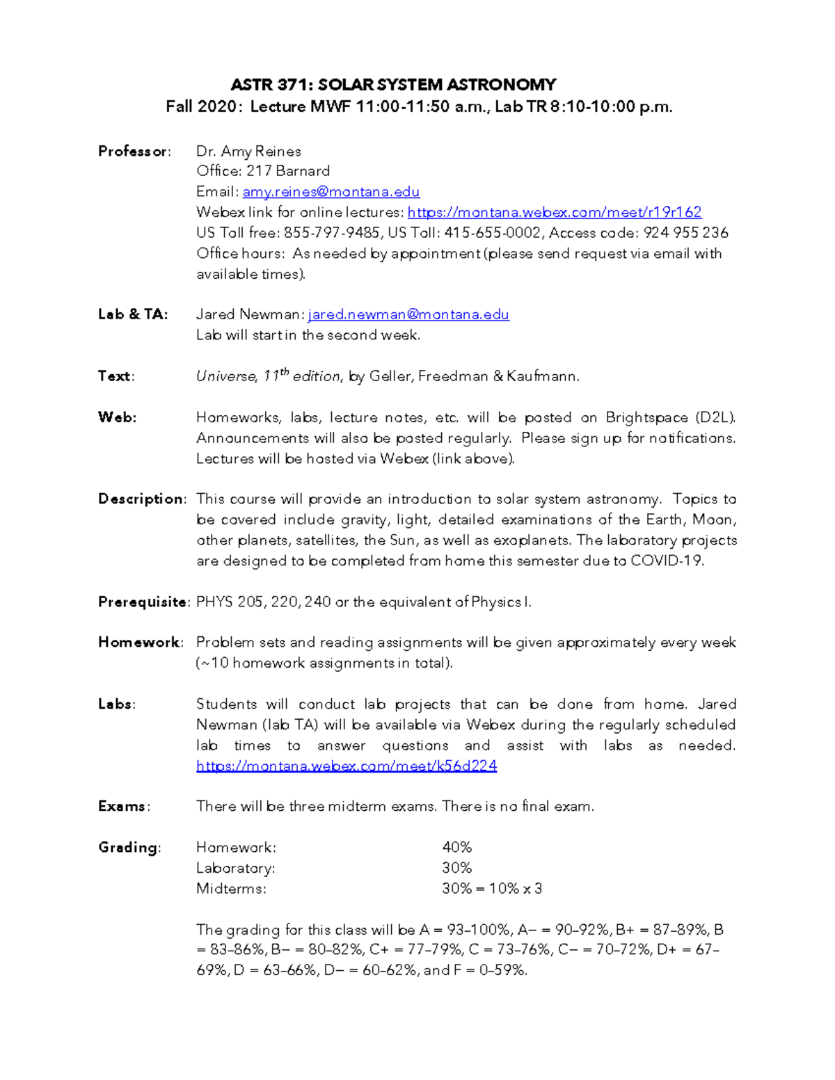 Syllabus : SOlar Astronomy - ASTR 371: SOLAR SYSTEM ASTRONOMY Fall 20 ...