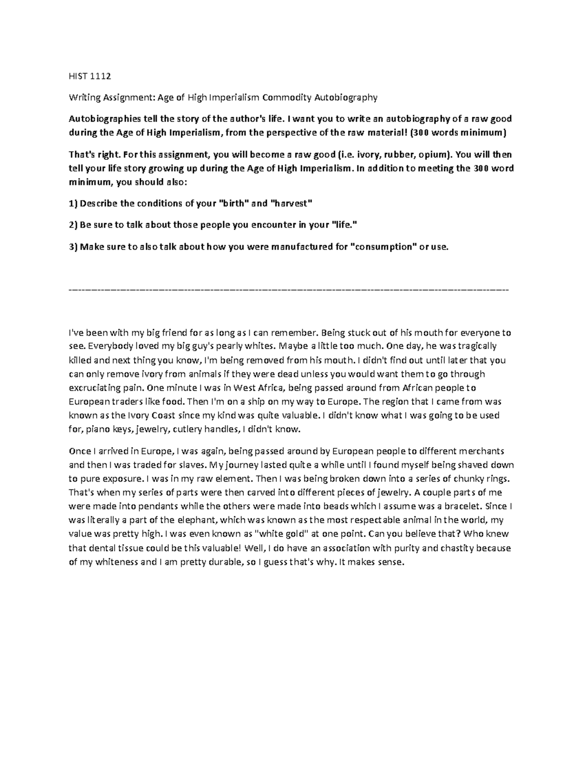 Age of High Imperialism Commodity Autobiography Writing Activity - HIST ...