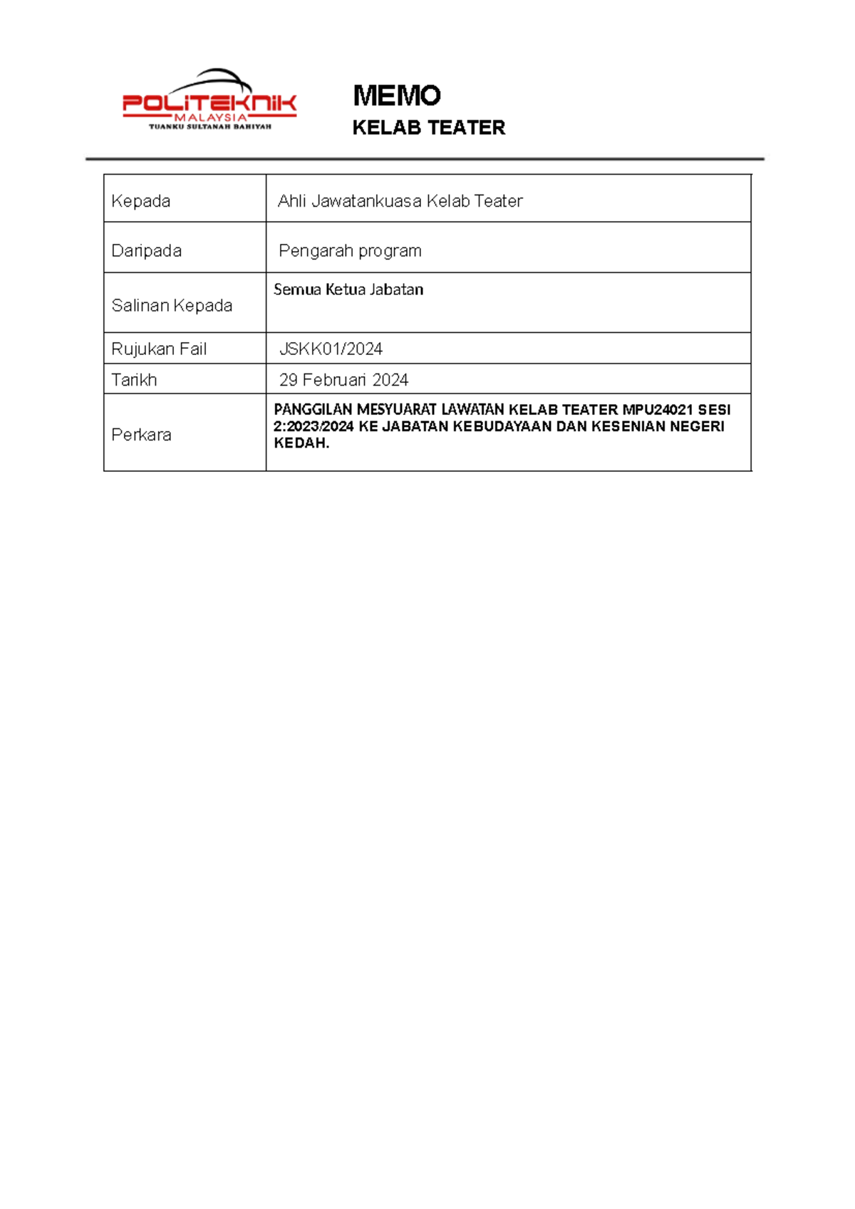 Template memo[ 2 - it will be helpful for your studies - Electrical - Kepada Ahli Jawatankuasa ...