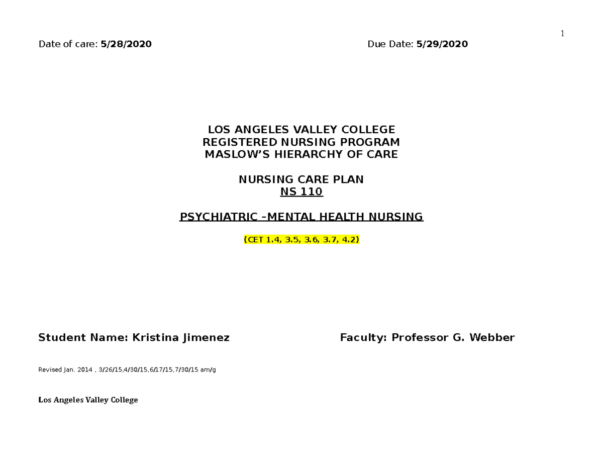 Kristina Jimenez Psych NS110 Final Careplan - Date of care: 5/28/2020 ...