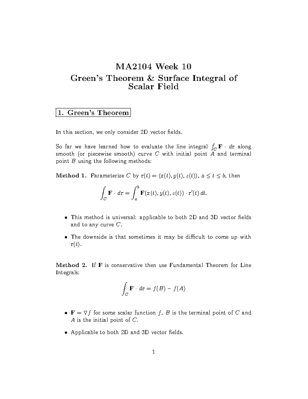 Week 10 notes 2022 - MA2104 Week 10 Green’s Theorem & Surface Integral ...