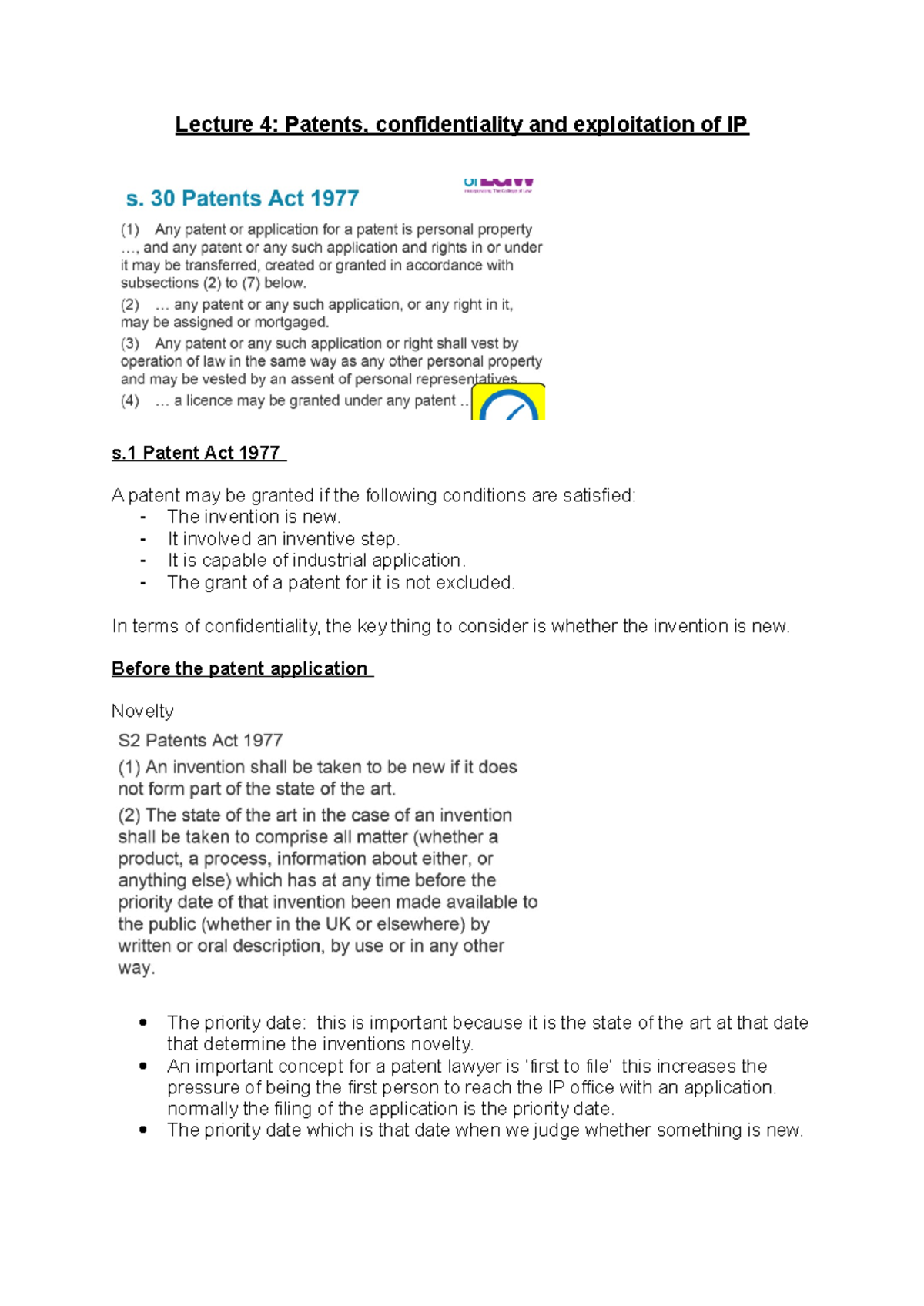 Lecture 4 - Lecture 4: Patents, confidentiality and exploitation of IP s Patent Act 1977 A ...