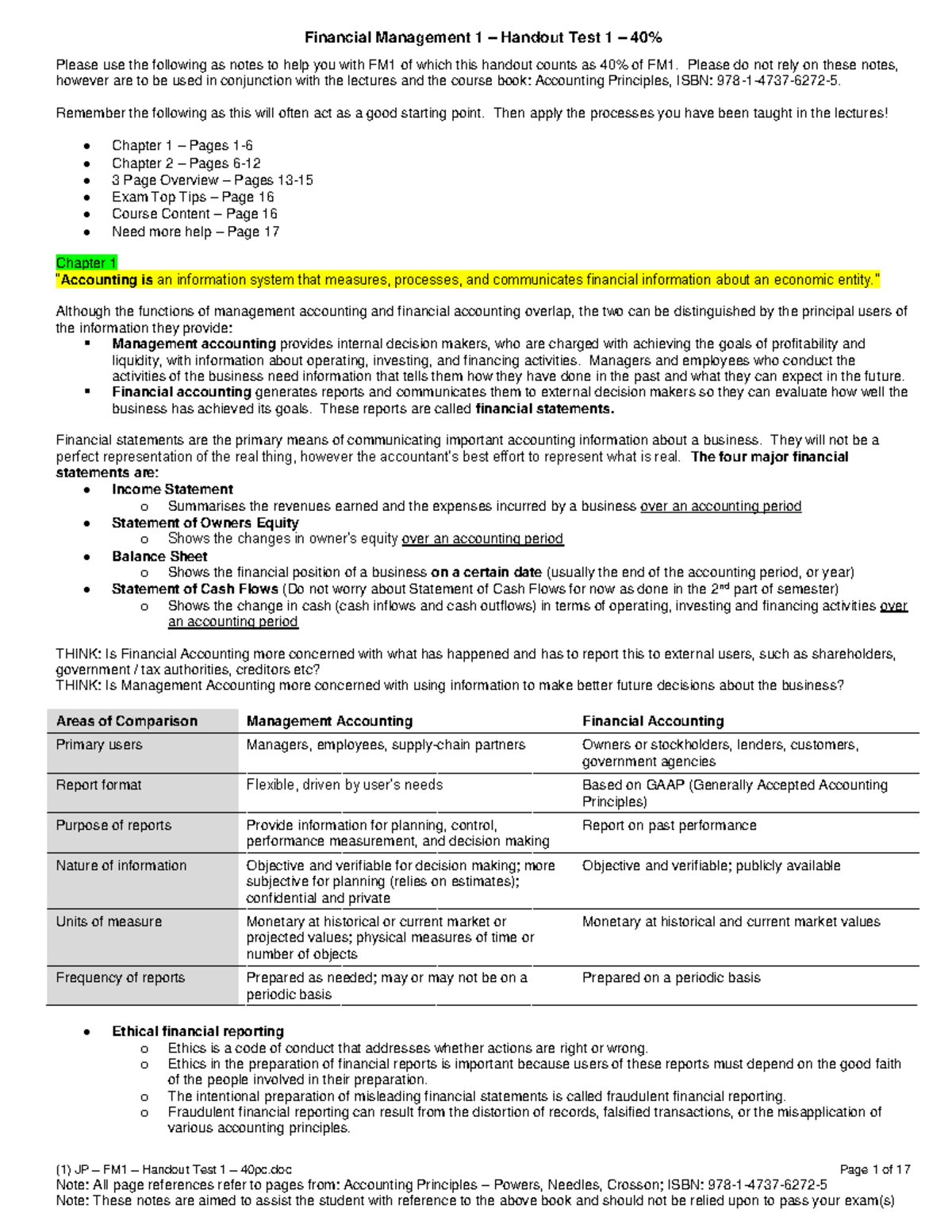 Financial Management 1 - Handout Test 1 - 40pc - (1) JP – FM1 – Handout ...