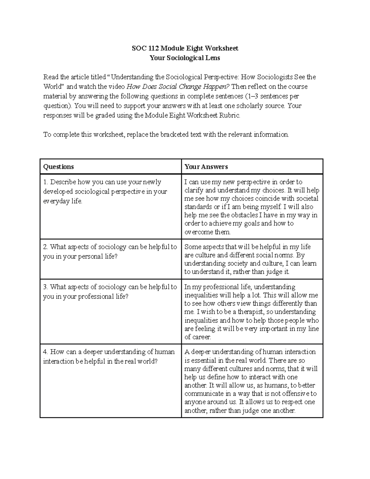 FInal Paper - SOC 112 Module Eight Worksheet Your Sociological Lens ...