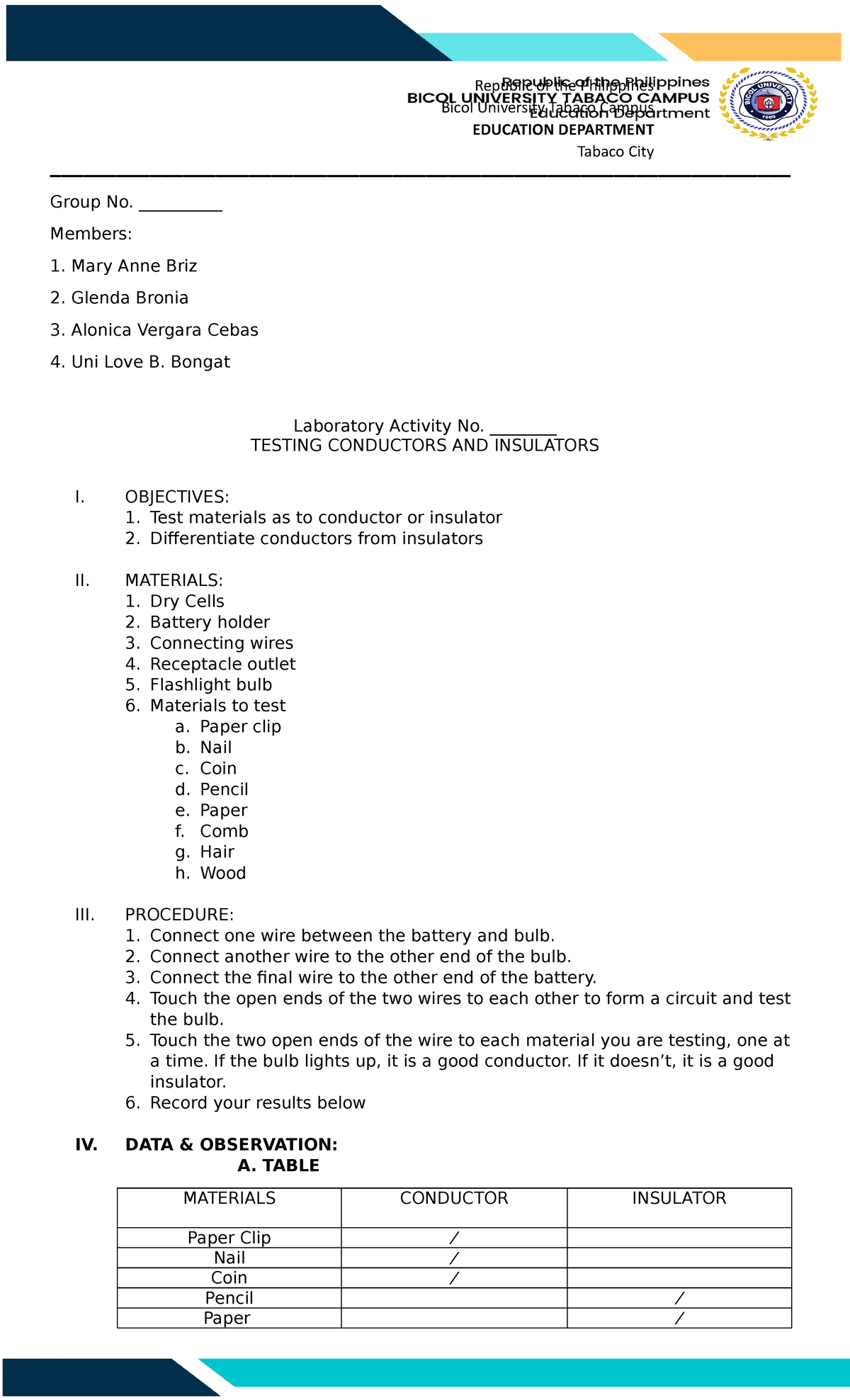 BSED SCI 2B Answers Lab-activity-testing-insulator-and-conductor ...