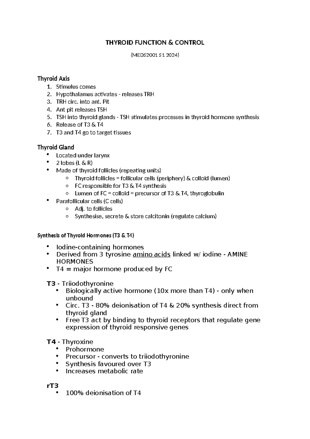 Thyroid Function & Control - THYROID FUNCTION & CONTROL (MEDS2001 S1 ...