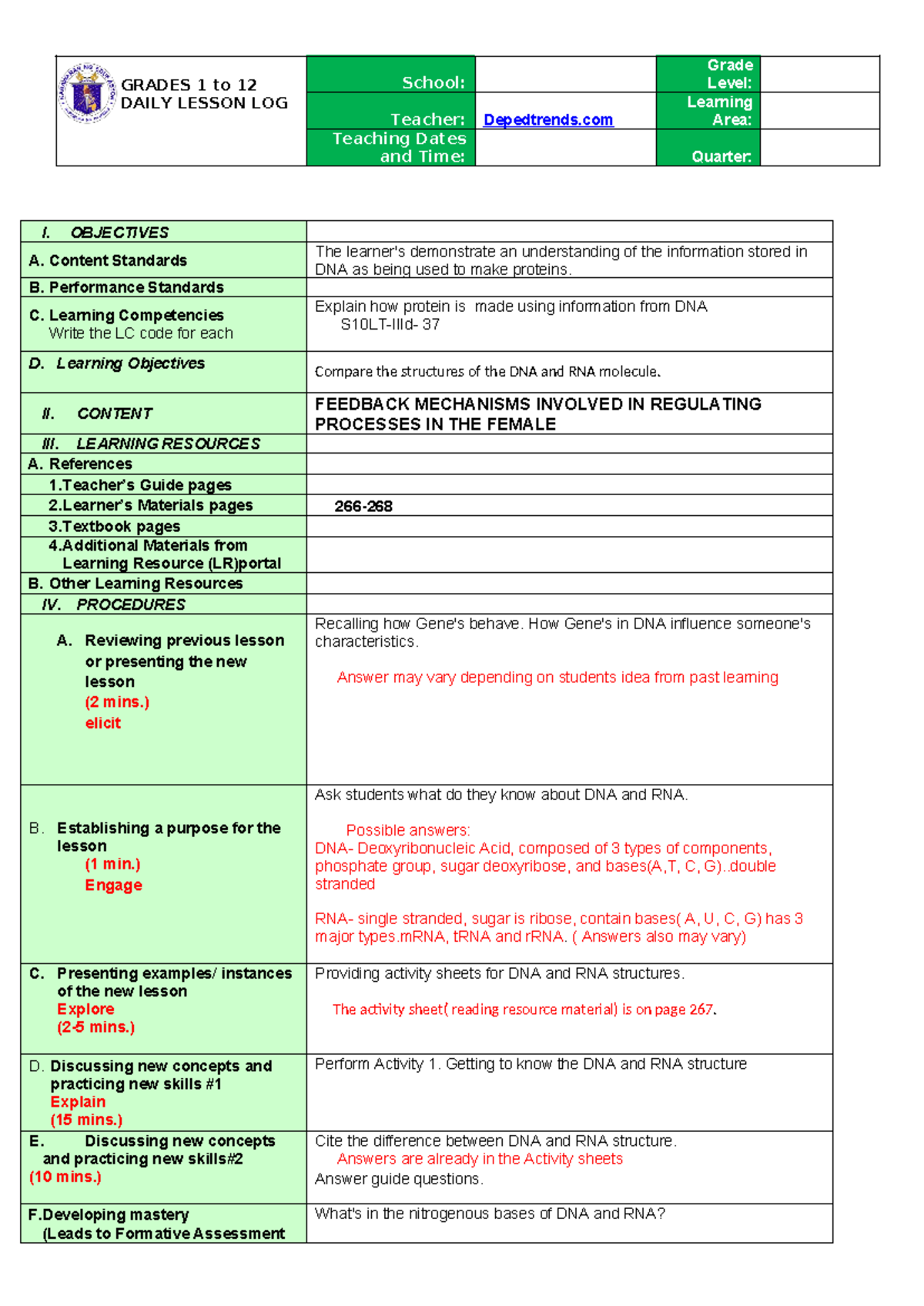 Science 10-DDL8 - GRADES 1 to 12 DAILY LESSON LOG School: Grade Level ...