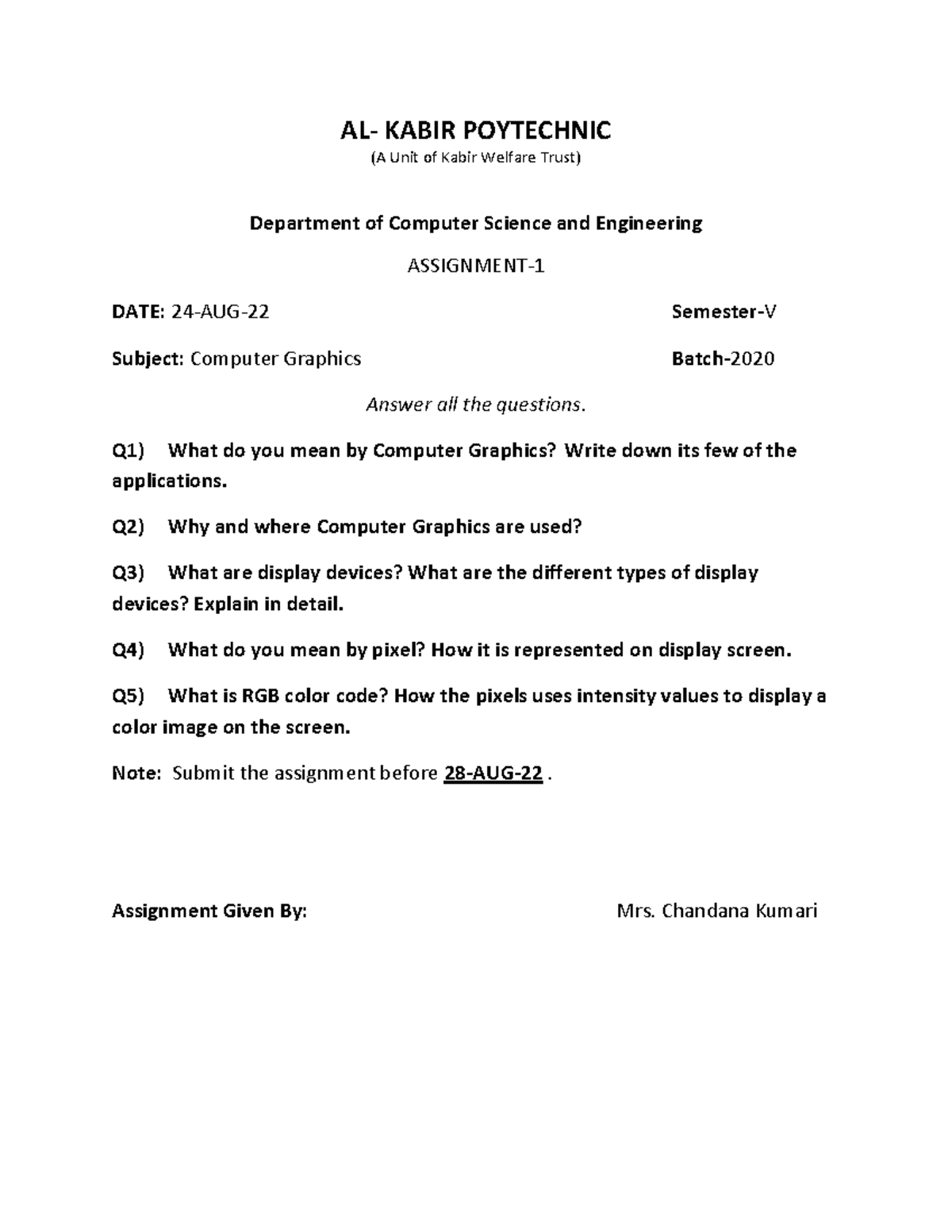Computer Graphics -Assignment 1 - AL- KABIR POYTECHNIC (A Unit of Kabir Welfare Trust ...