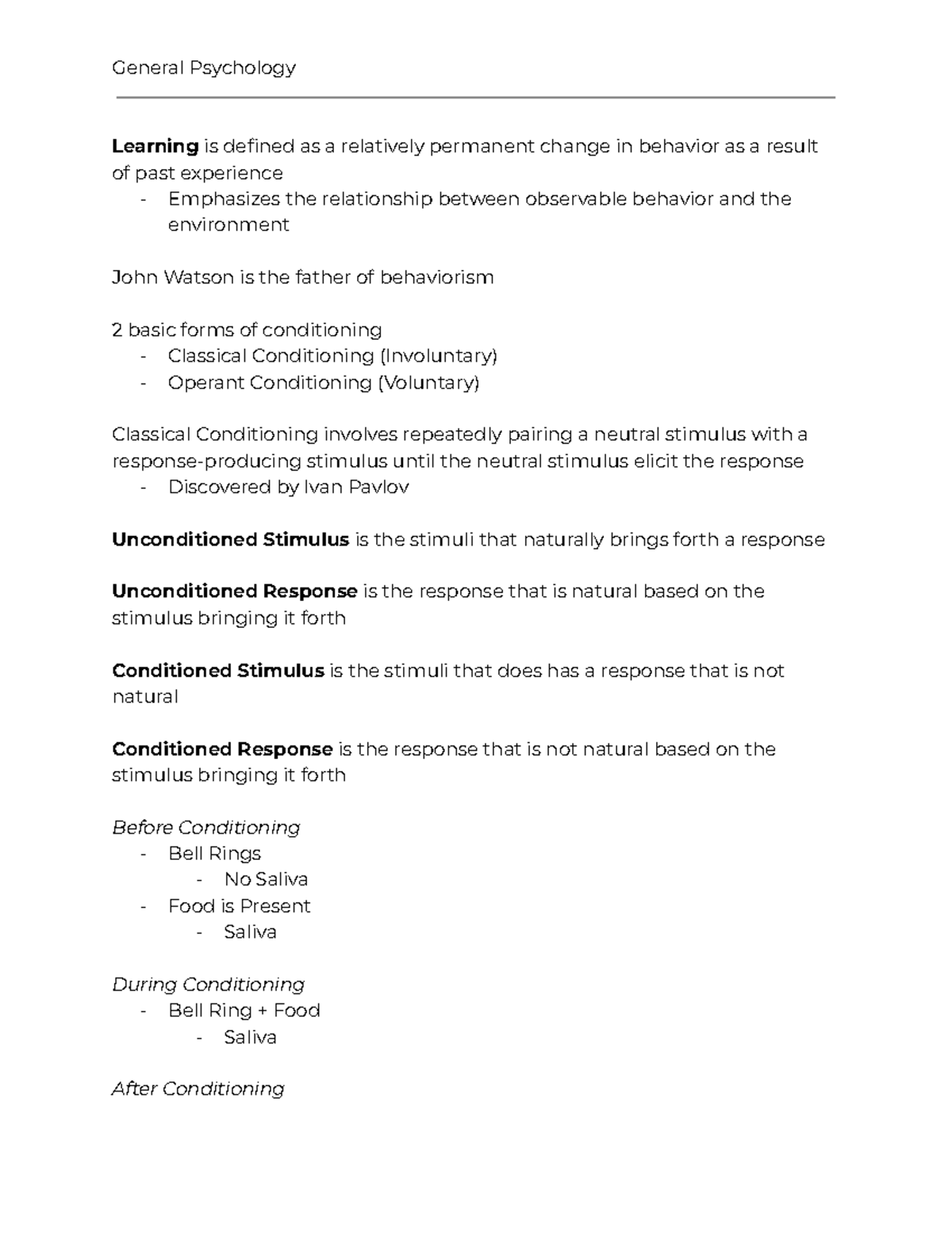 Learning and Conditioning - General Psychology Learning is defined as a ...