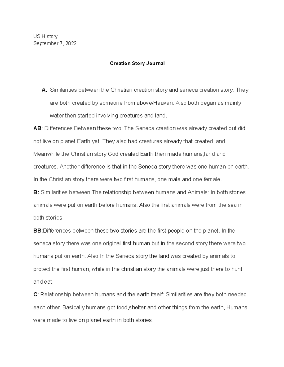 History Creation Story Journal - US History September 7, 2022 Creation ...