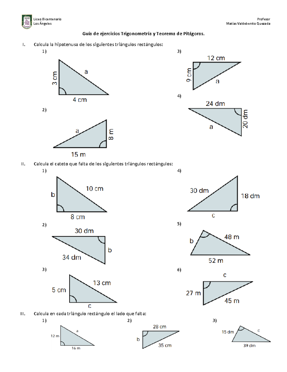 Guía de ejercicios Trigonometría y Teorema de Pitágoras - I. Calcula la ...