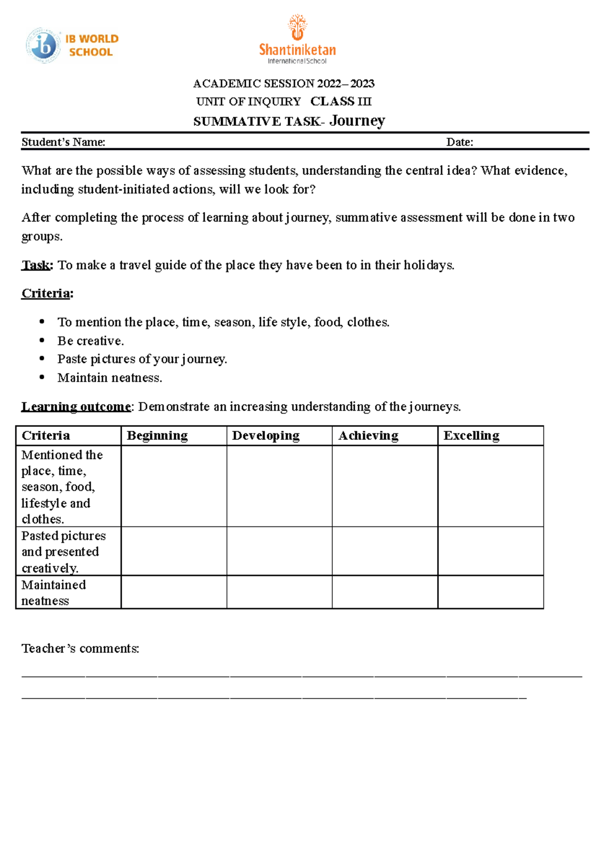 Summative task on journey - ACADEMIC SESSION 2022– 2023 UNIT OF INQUIRY ...