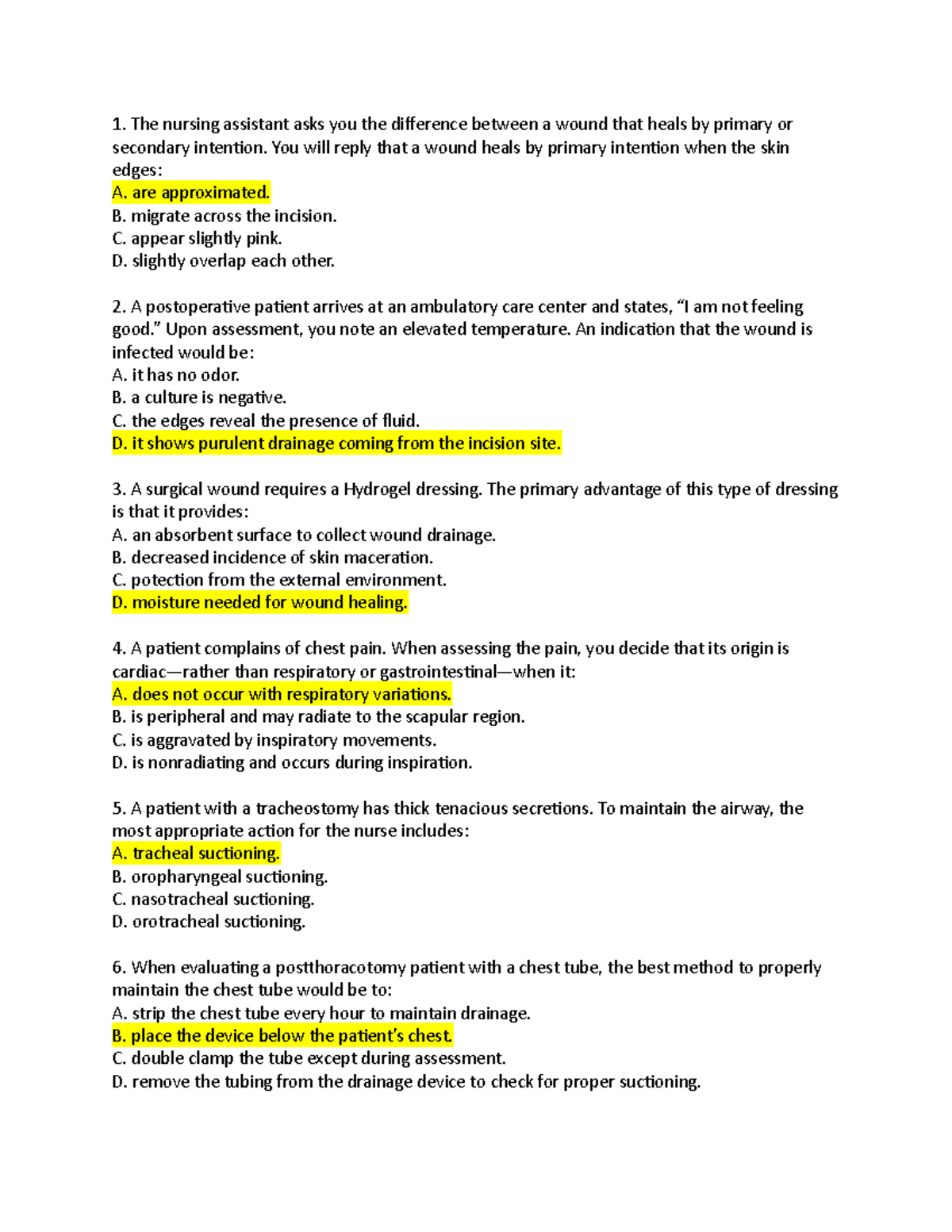 NR 224 Exam 2 Sample Questions The Nursing Assistant Asks You The