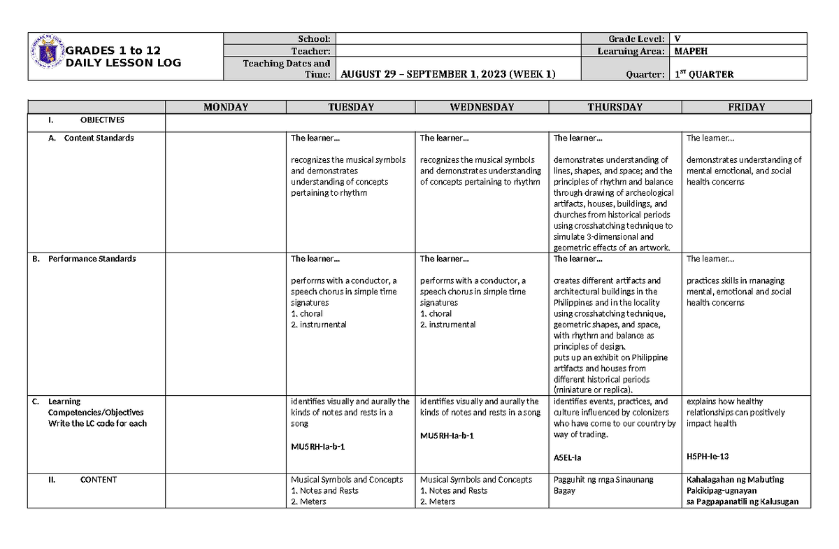 DLL Mapeh 5 Q1 W1 - GRADES 1 to 12 DAILY LESSON LOG School: Grade Level: V Teacher: Learning ...