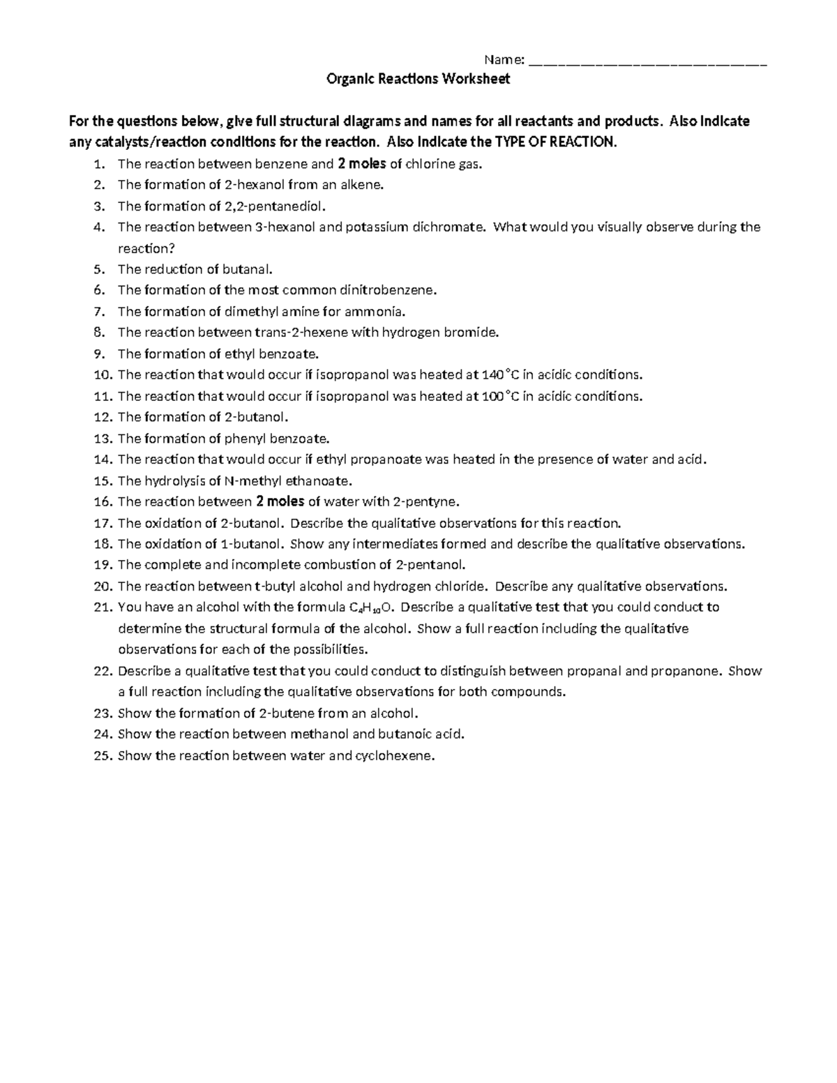 Organic reactions worksheet - Name ...