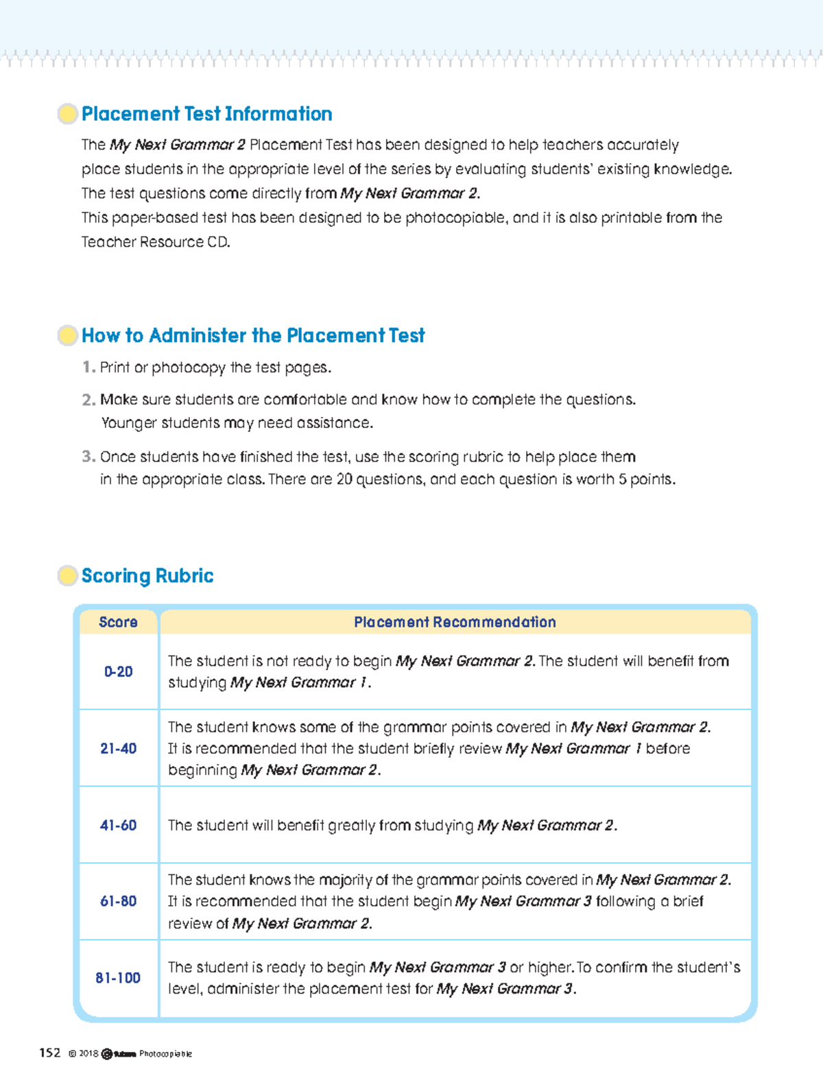 Placement Test - answer key - 152 ⓒ 2018 Photocopiable Score 0- 21- 41 ...