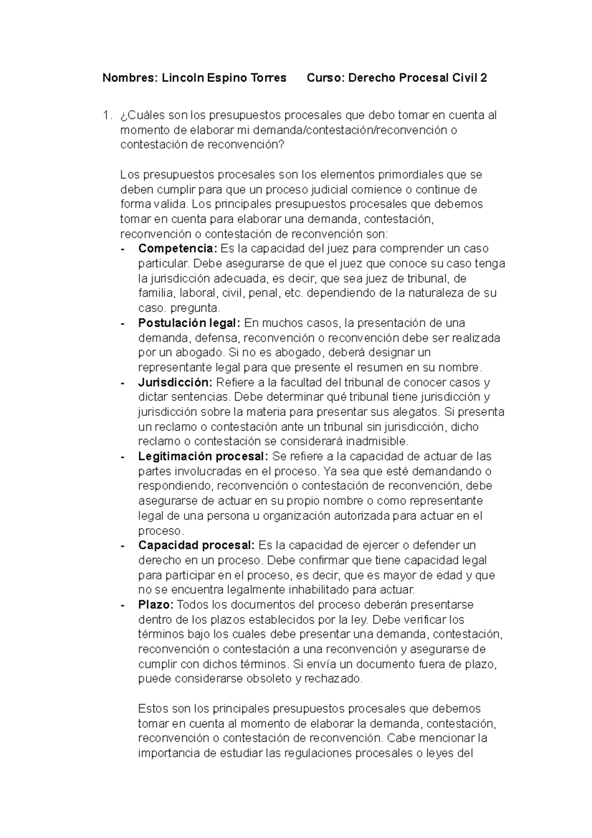 Foro 1 - asdsda - Nombres: Lincoln Espino Torres Curso: Derecho ...