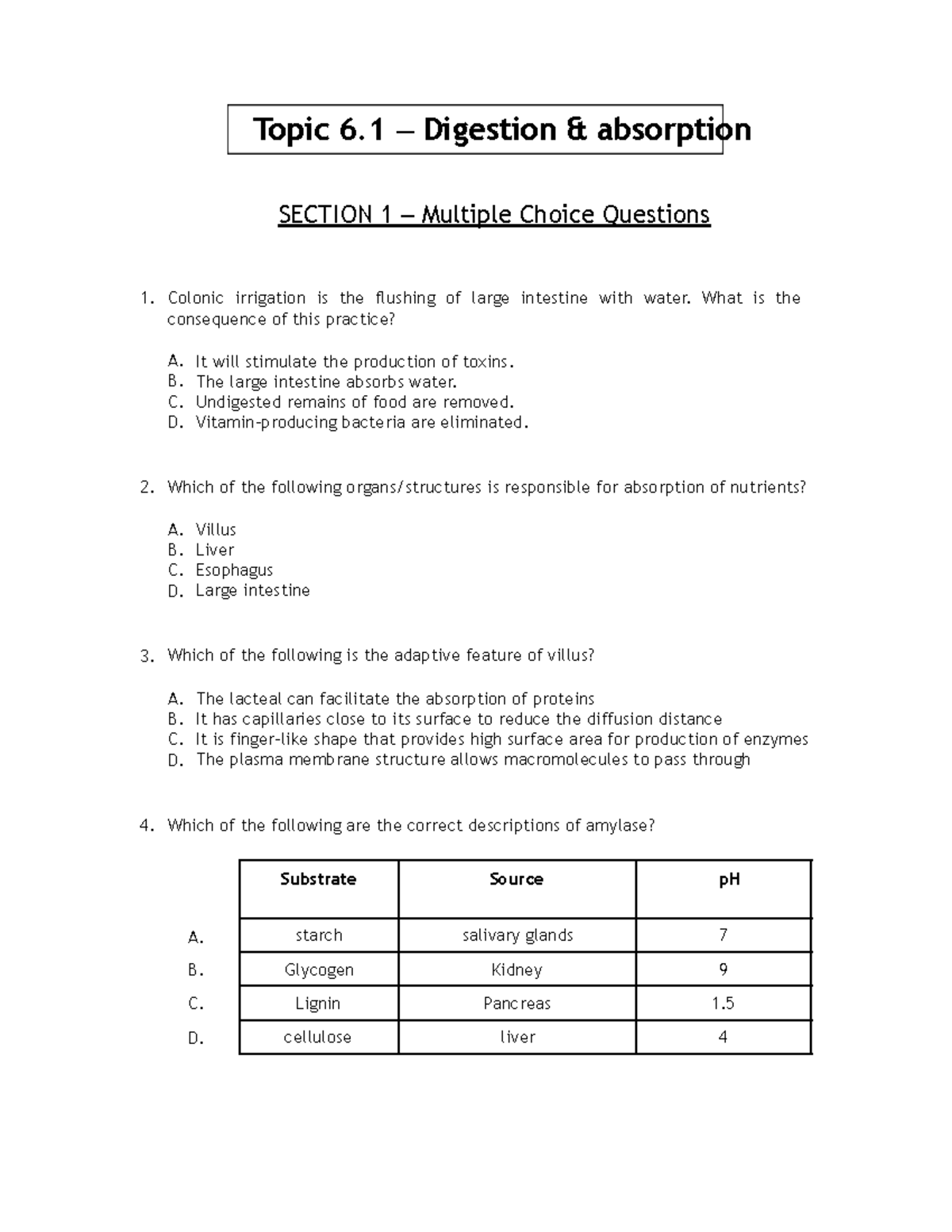 6 - CCC - Topic 6 – Digestion & absorption SECTION 1 – Multiple Choice ...