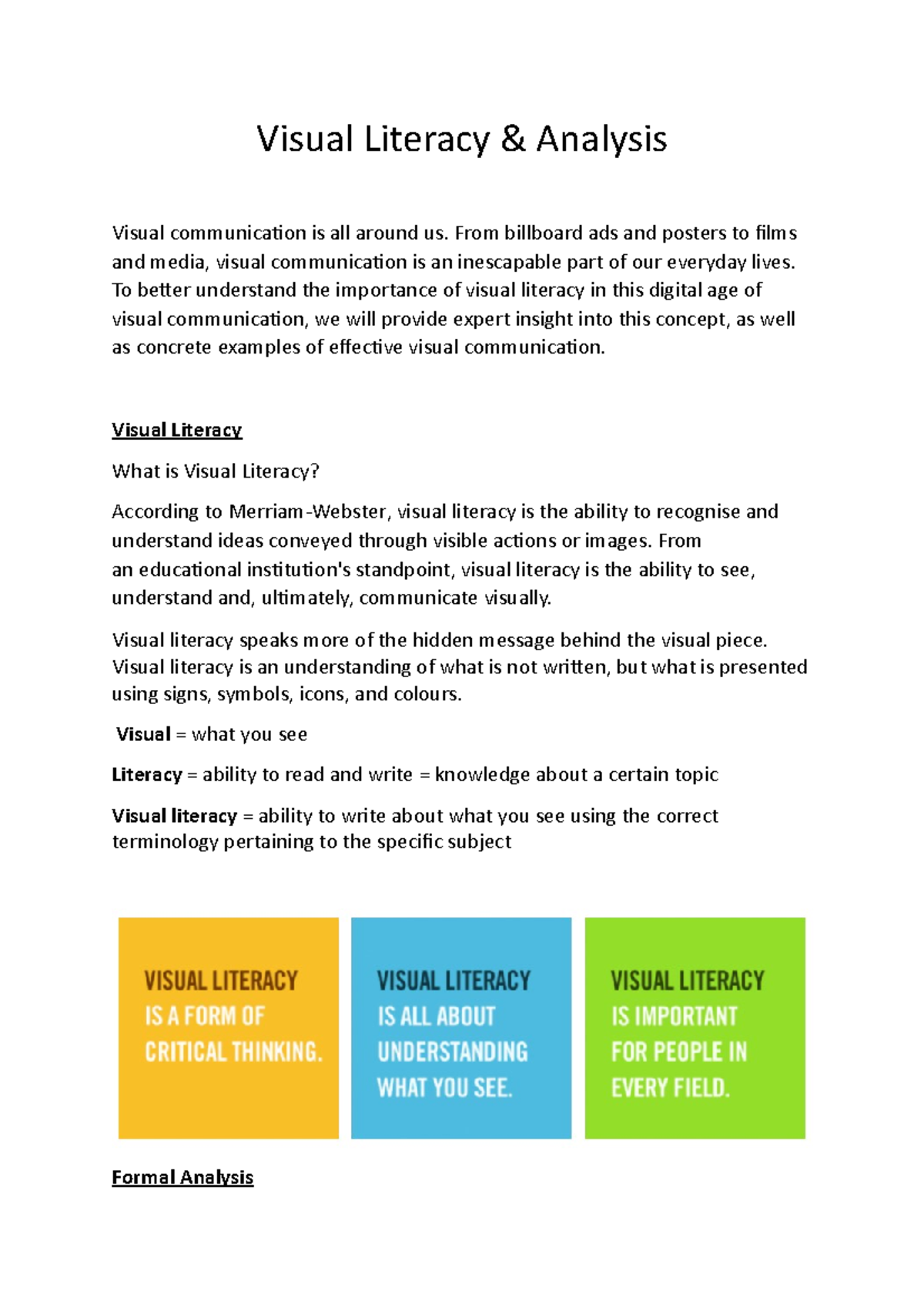 Visual Literacy and Analysis - Visual Literacy & Analysis Visual ...