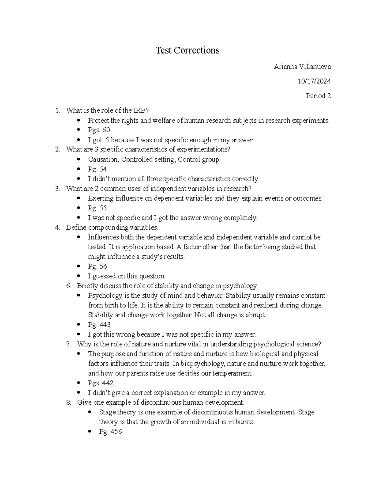 Test Corrections Quiz 2 - Test Corrections Arianna Villanueva 10/17 ...