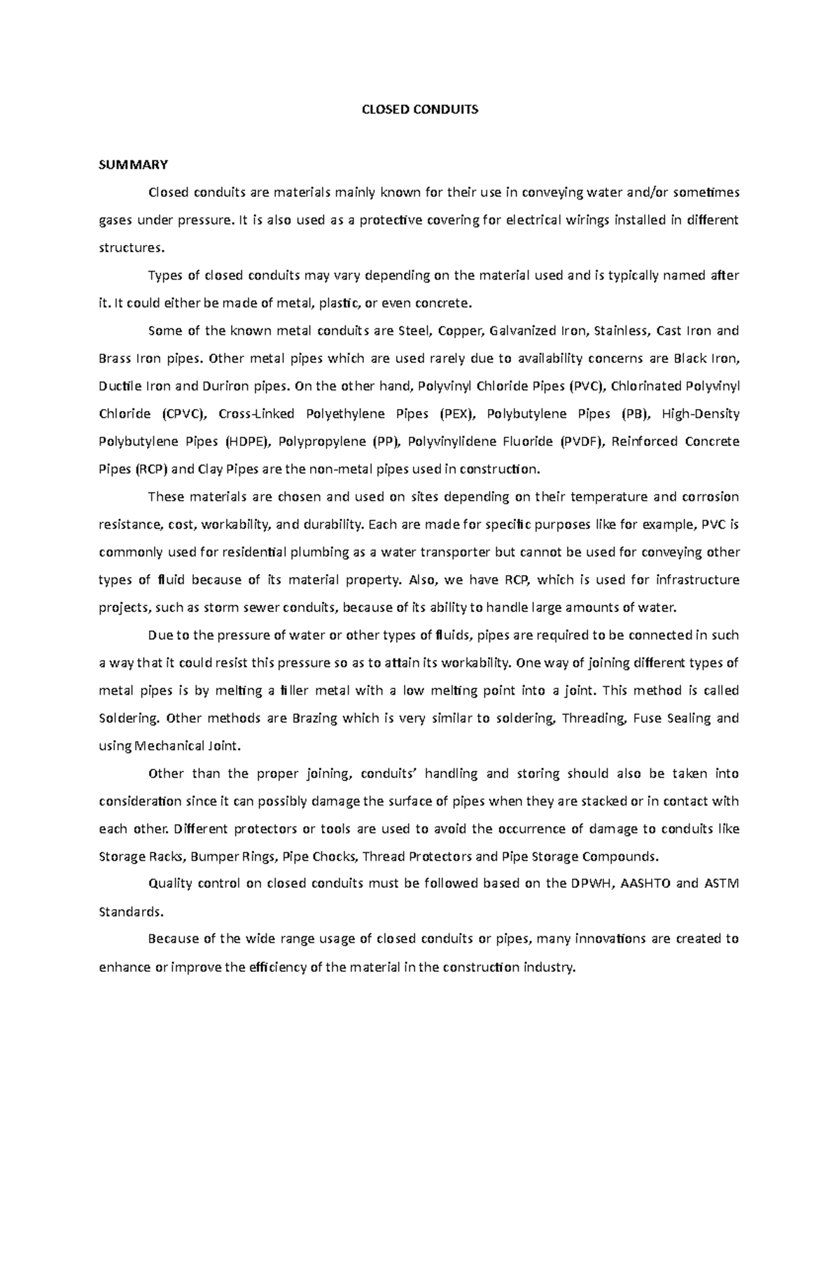 Closed Conduits - Brief summary of the topic - CLOSED CONDUITS SUMMARY ...